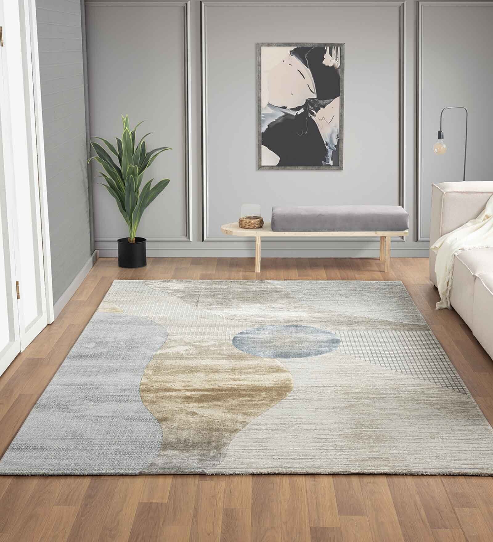 Buy Cream Abstract Polyester 4 ft x 6 ft Machine Made Carpet by ...