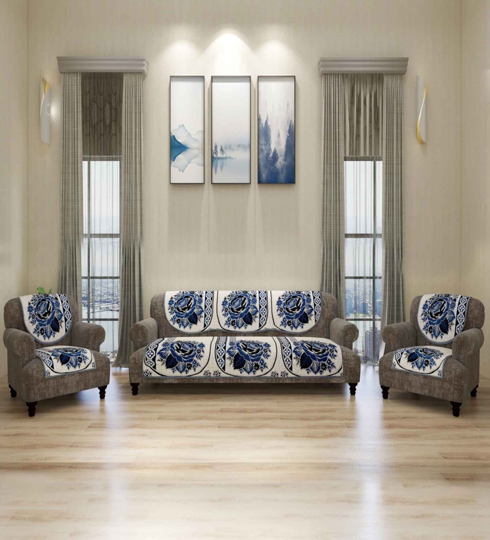 Buy Cream Polyester Chenille 3 Seater & 1+ 1 Seater Sofa Cover By Romee ...