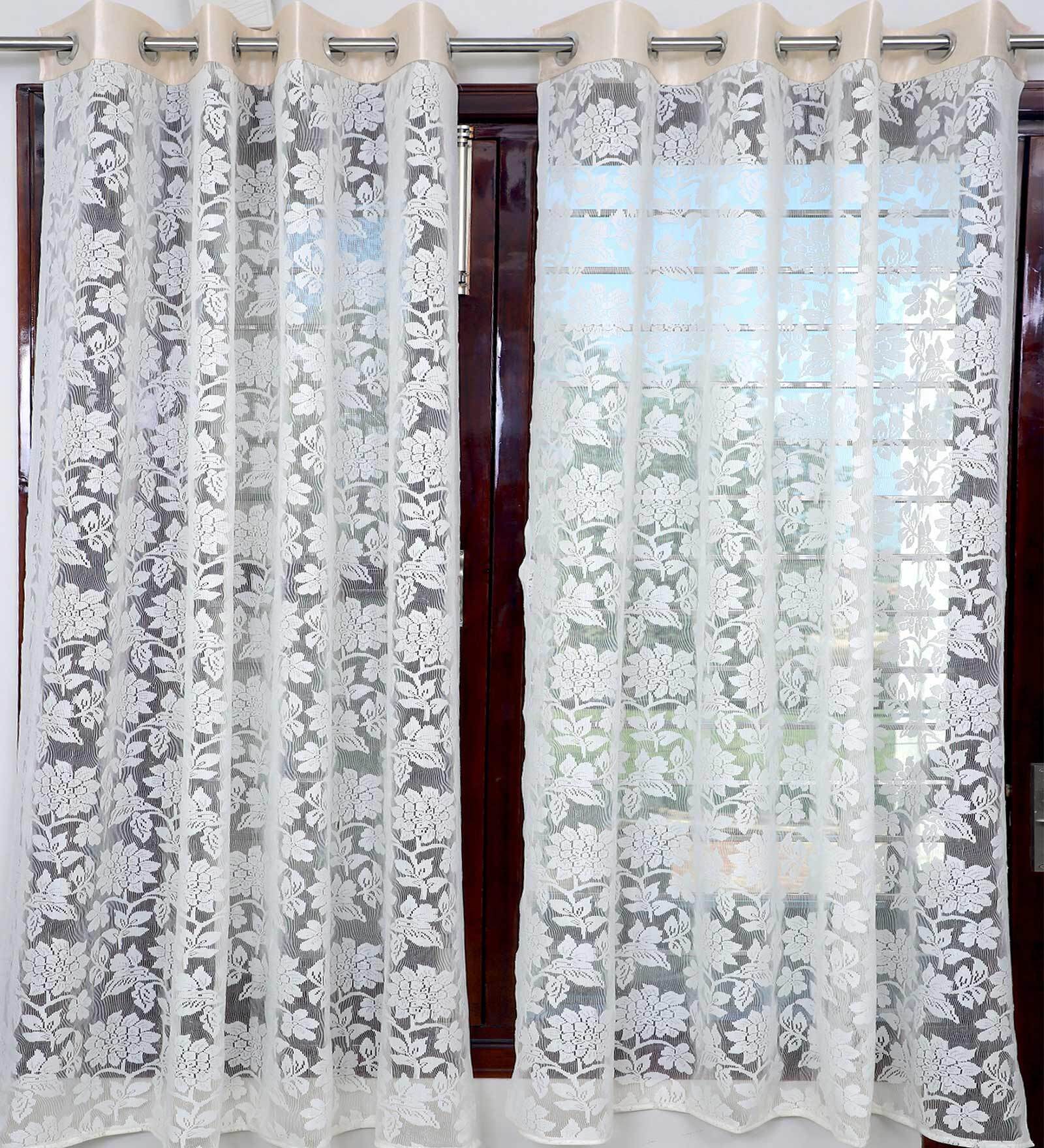 Buy Cream Floral Polyester 5 Ft Sheer Eyelet Window Curtains (Set of 2 ...