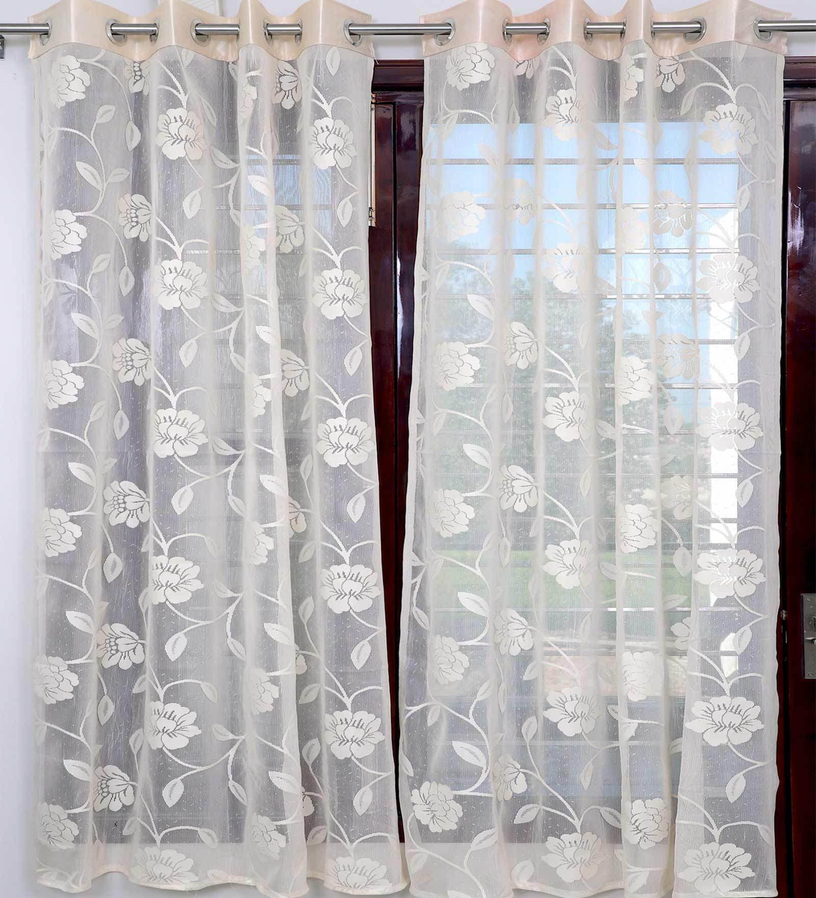 Buy Cream Floral Polyester 5 Ft Sheer Eyelet Window Curtains (Set of 2 ...