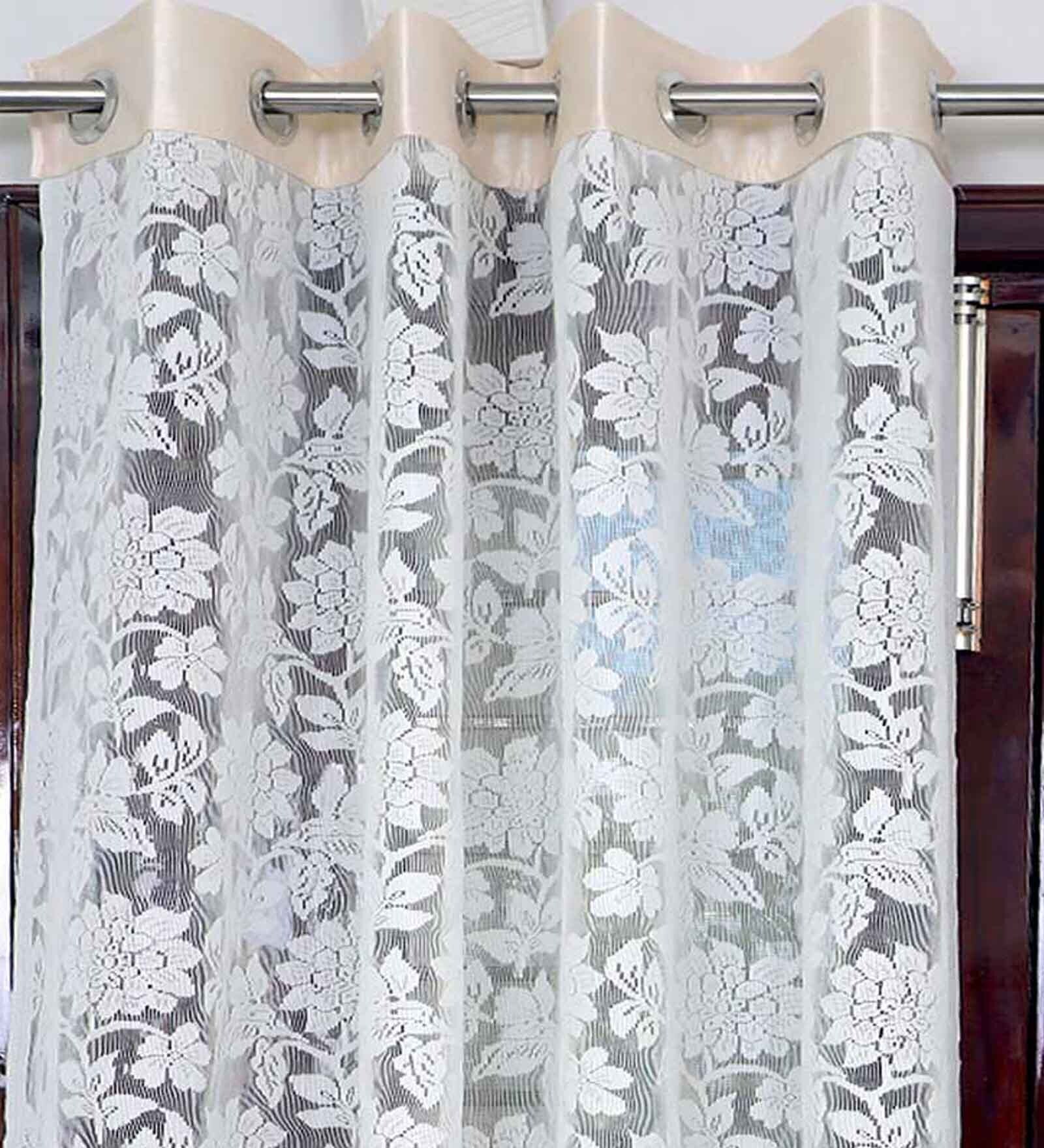 Buy Cream Polyester Floral 8 Ft Sheer Eyelet 2 Door Curtains By ...