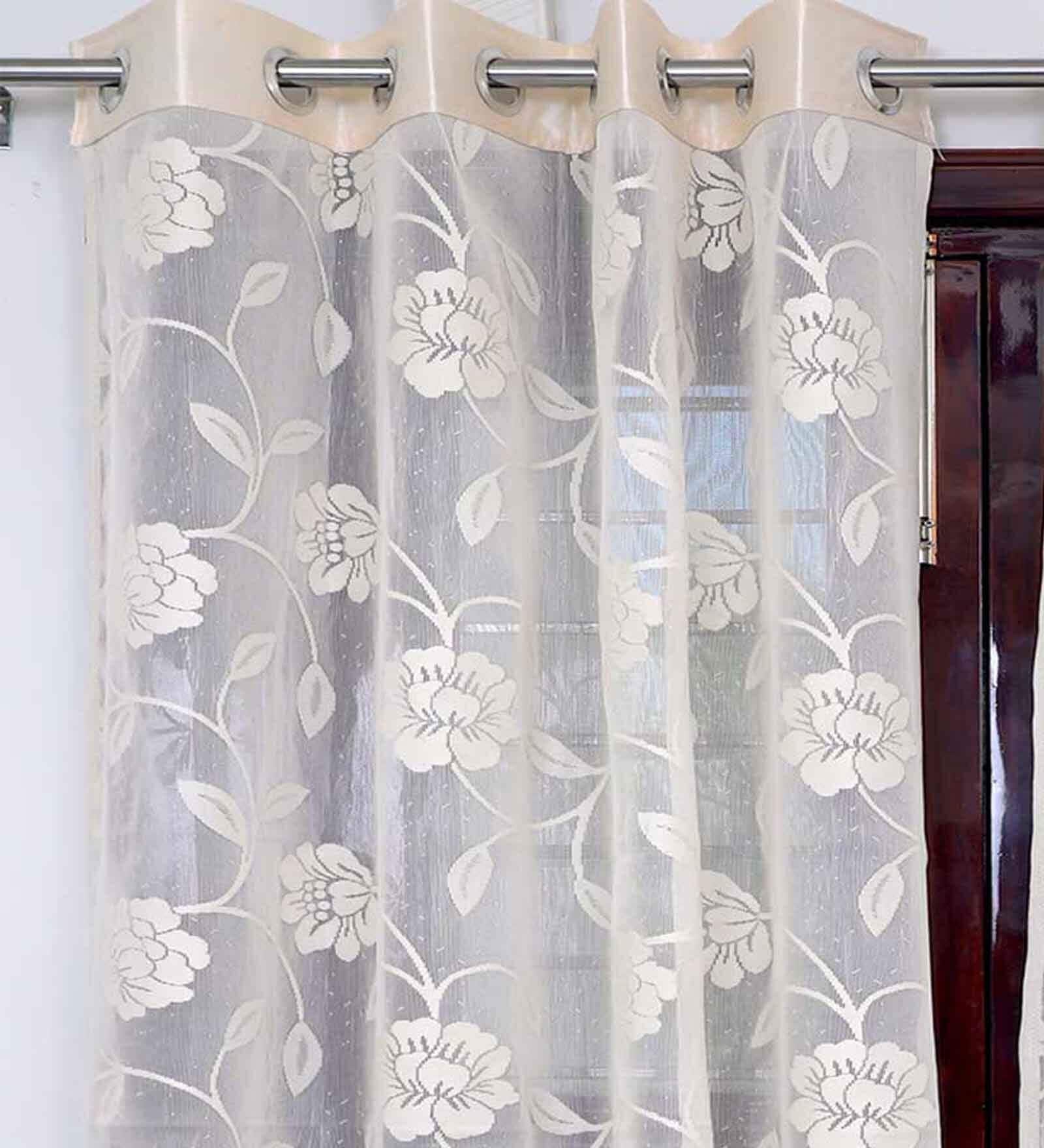 Buy Cream Polyester Floral 9 Ft Sheer Eyelet 2 Door Curtains By ...
