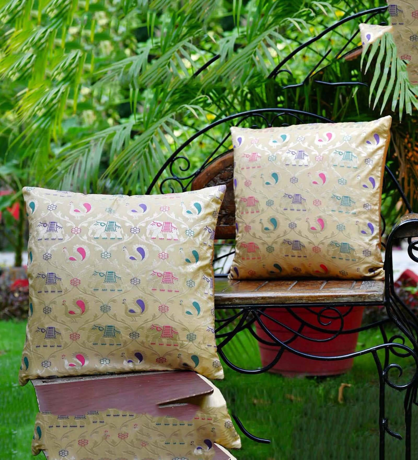 Buy Cream Traditional Silk Blend 16 x 16 Inches Cushion Covers (Set of ...