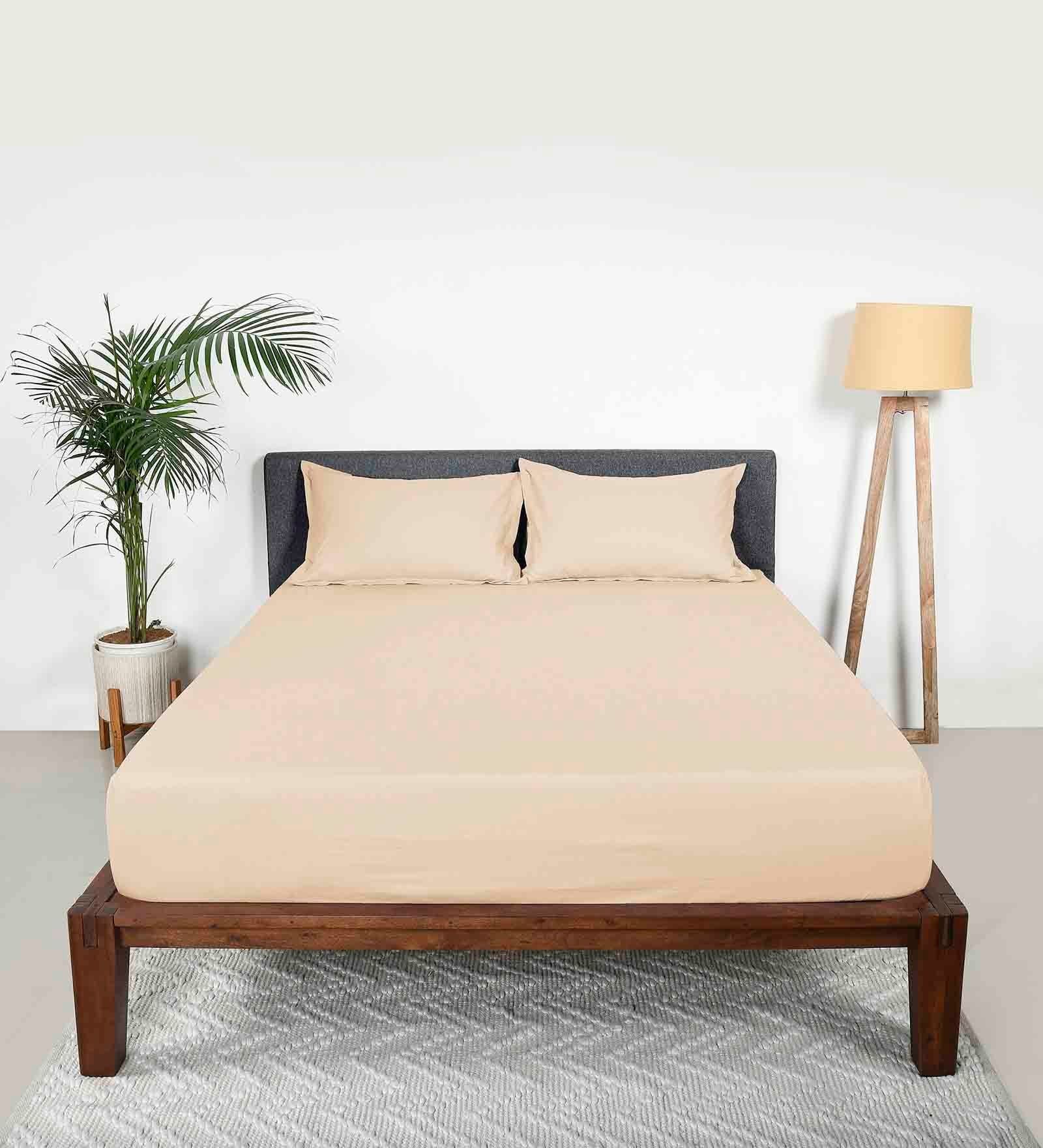 Buy Cream Solid 200 TC 100% Cotton Queen Sized Fitted Bed Sheets with 2 ...
