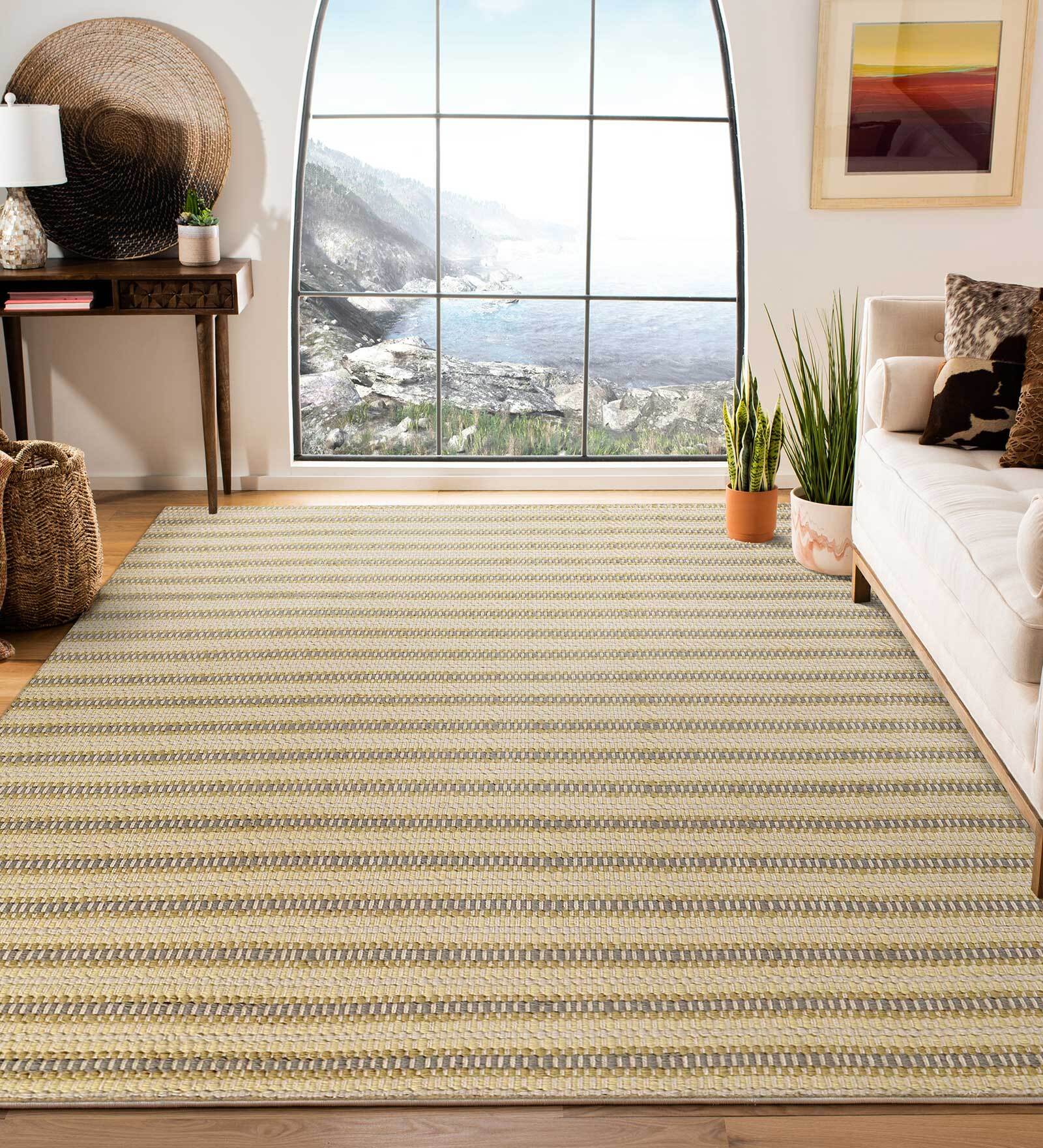 Buy Cream Striped Wool 5 ft x 7 ft Hand Woven Carpet by QAALEEN at 10% ...