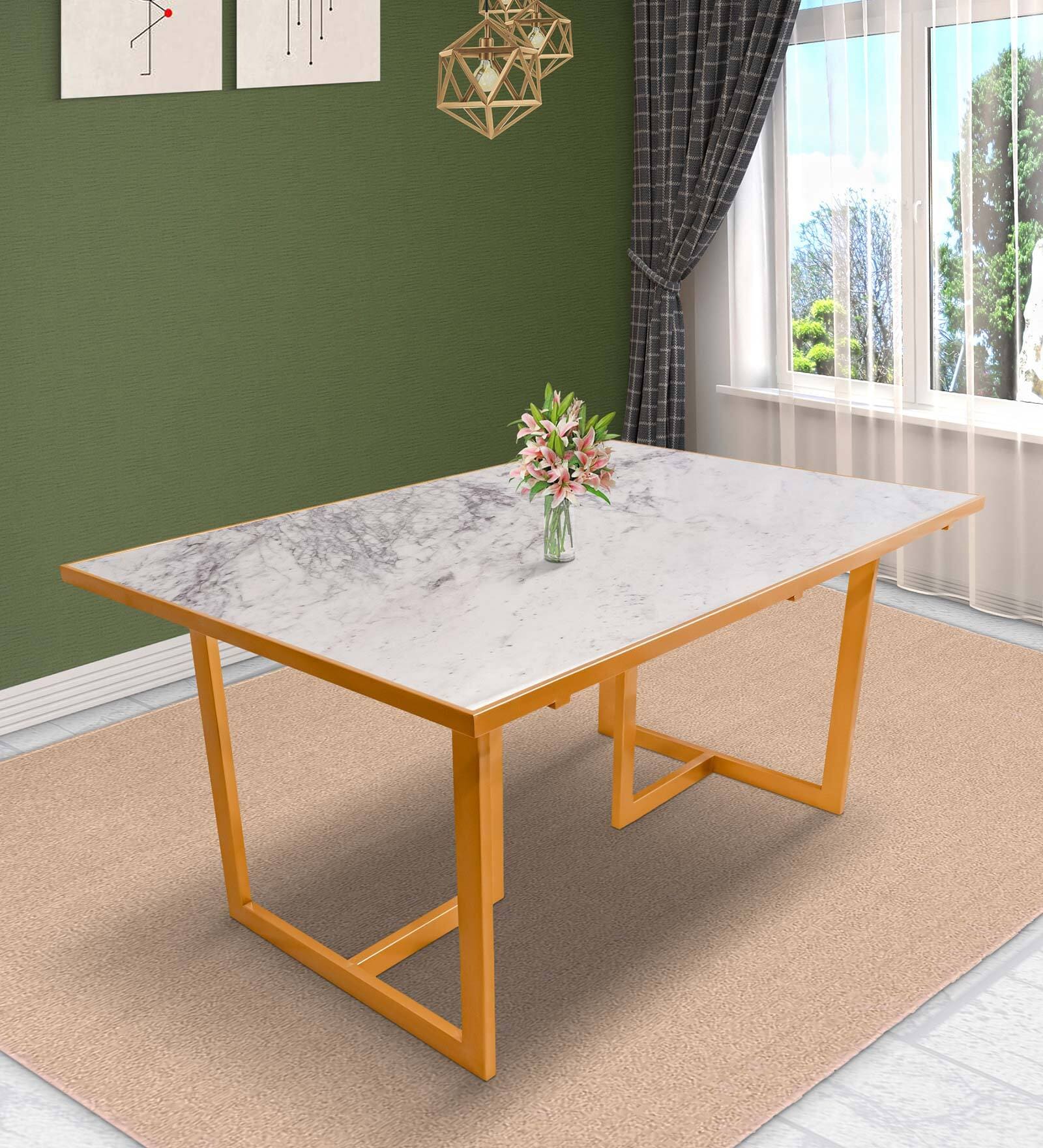 Buy Crema 6 Seater Marble Top Dining Table in Metallic Gold Finish at ...