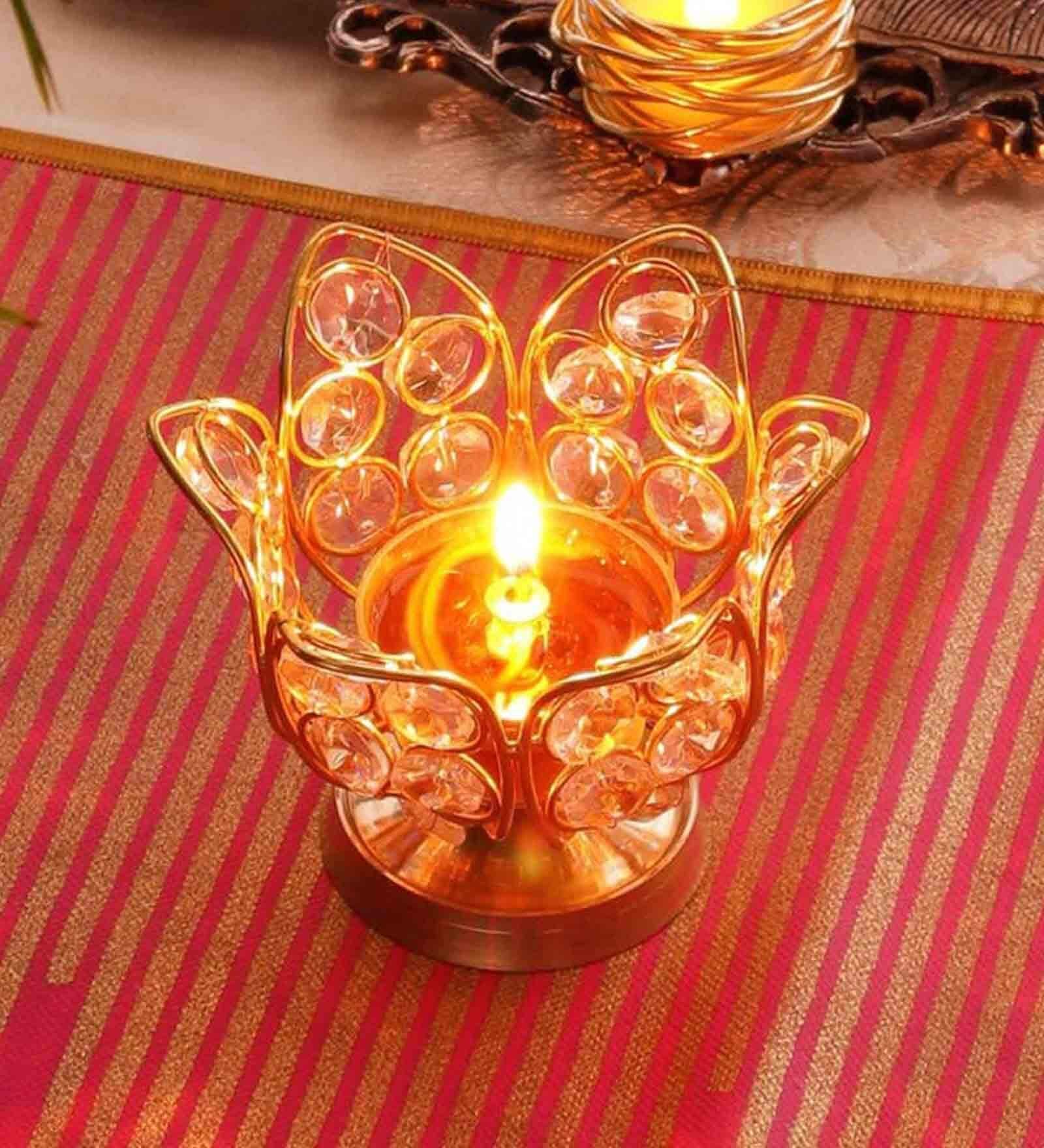 Buy Crystal Lotus Design Small Oil Puja Deep Akhand Diya by Arghyam at ...