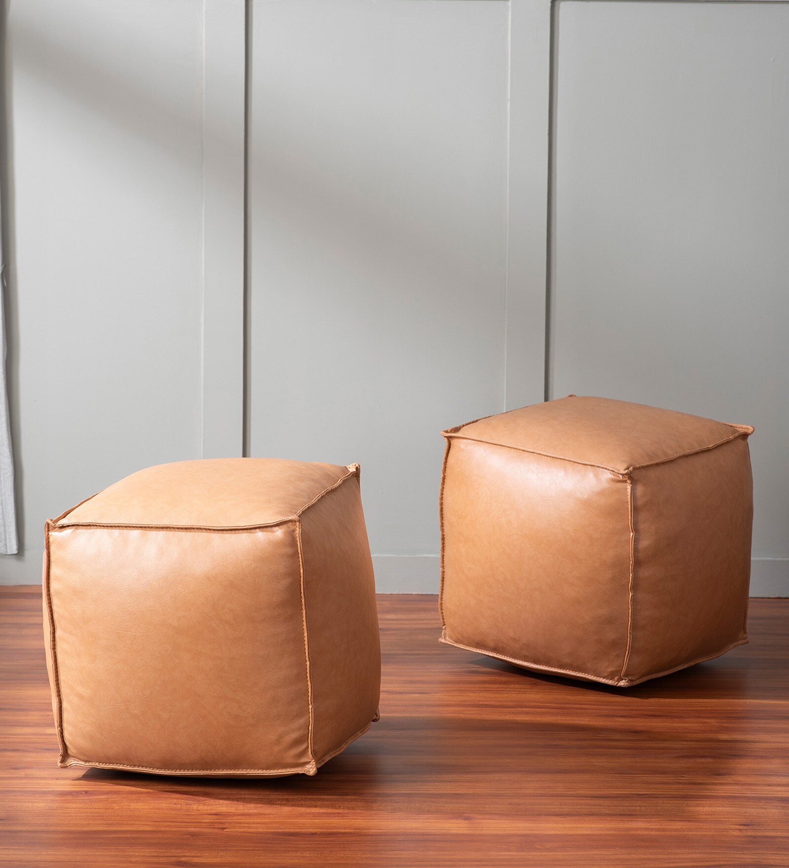 Buy Cuboid Leatherette Pouffe In Tan Colour (Set Of 2) by NestRoots ...