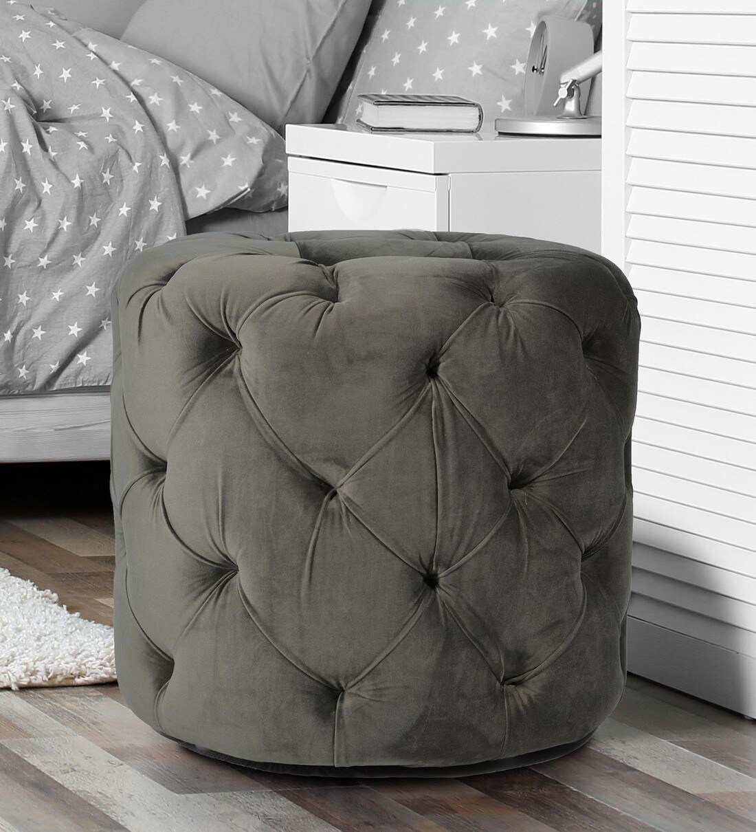 Buy Dallas Tufted Round Pouffe In Grey Velvet Fabric at 5% OFF by ...