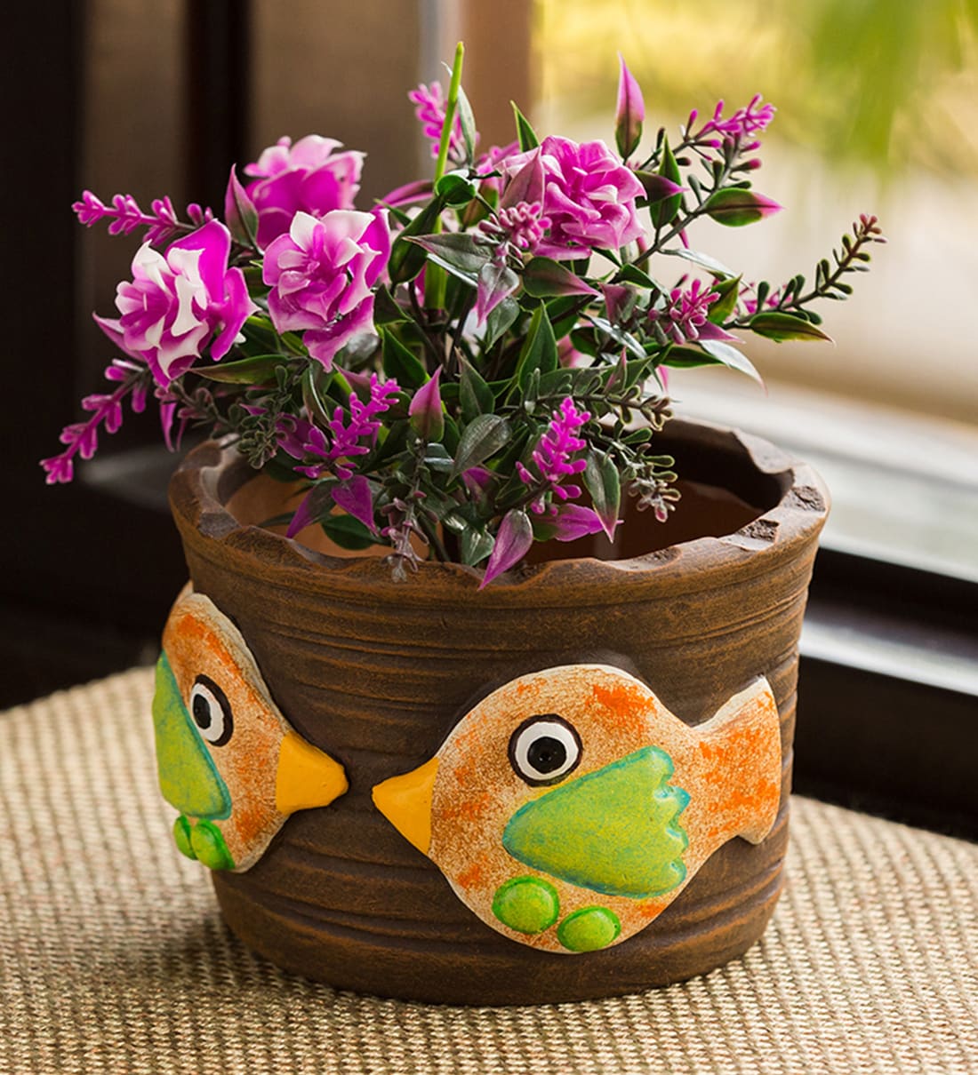 Buy Dark Brown & Yellow Terracotta Fish Florets Handpainted Desk Pot by ...