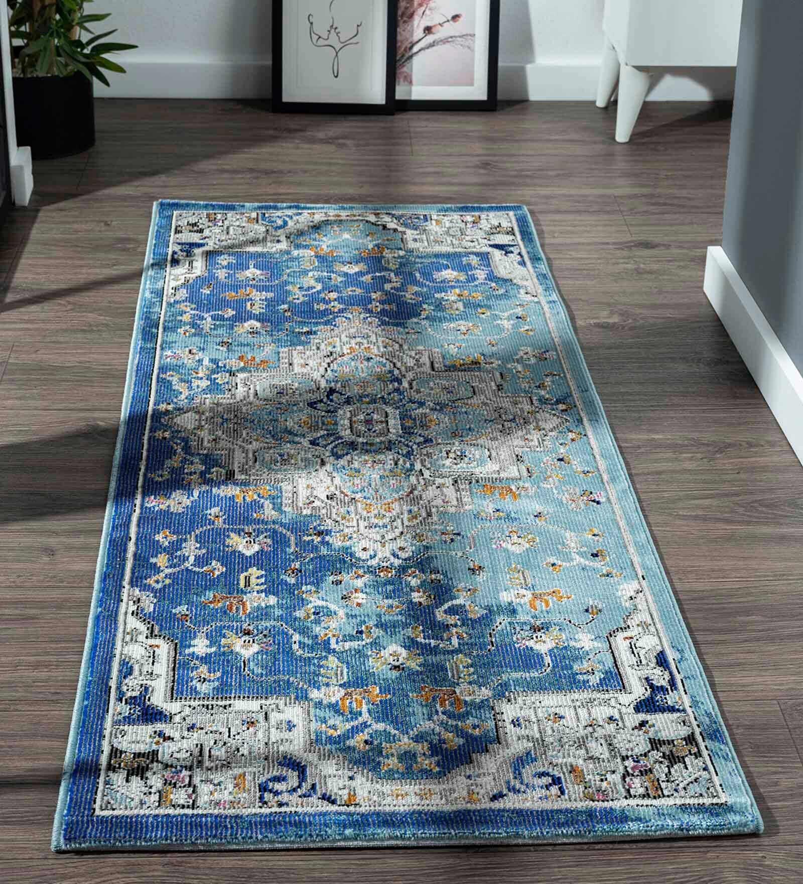 Buy Dark Blue Abstract Polypropylene 59x24 Inches Machine Made Floor ...