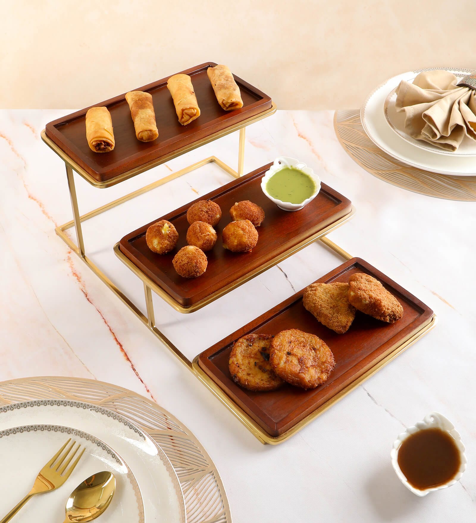 Buy Darkbrown Mango wood & Aluminium 17 Inch 3 Tier Appetizer Platters ...