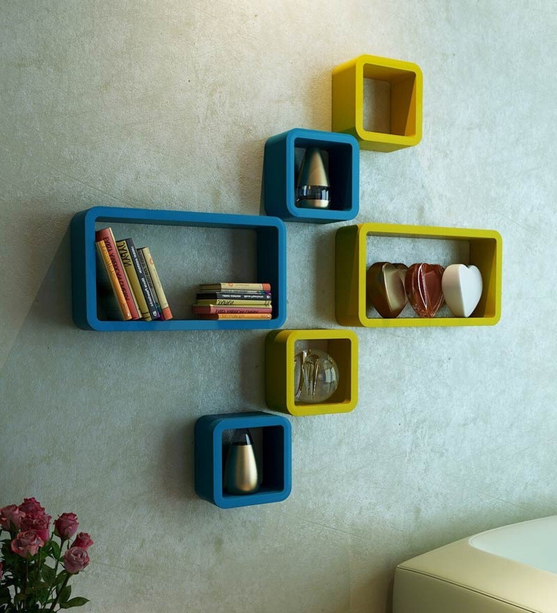 Buy Blue & Yellow MDF Cube Rectangle Floating Wall Shelf - Set of 6 by ...