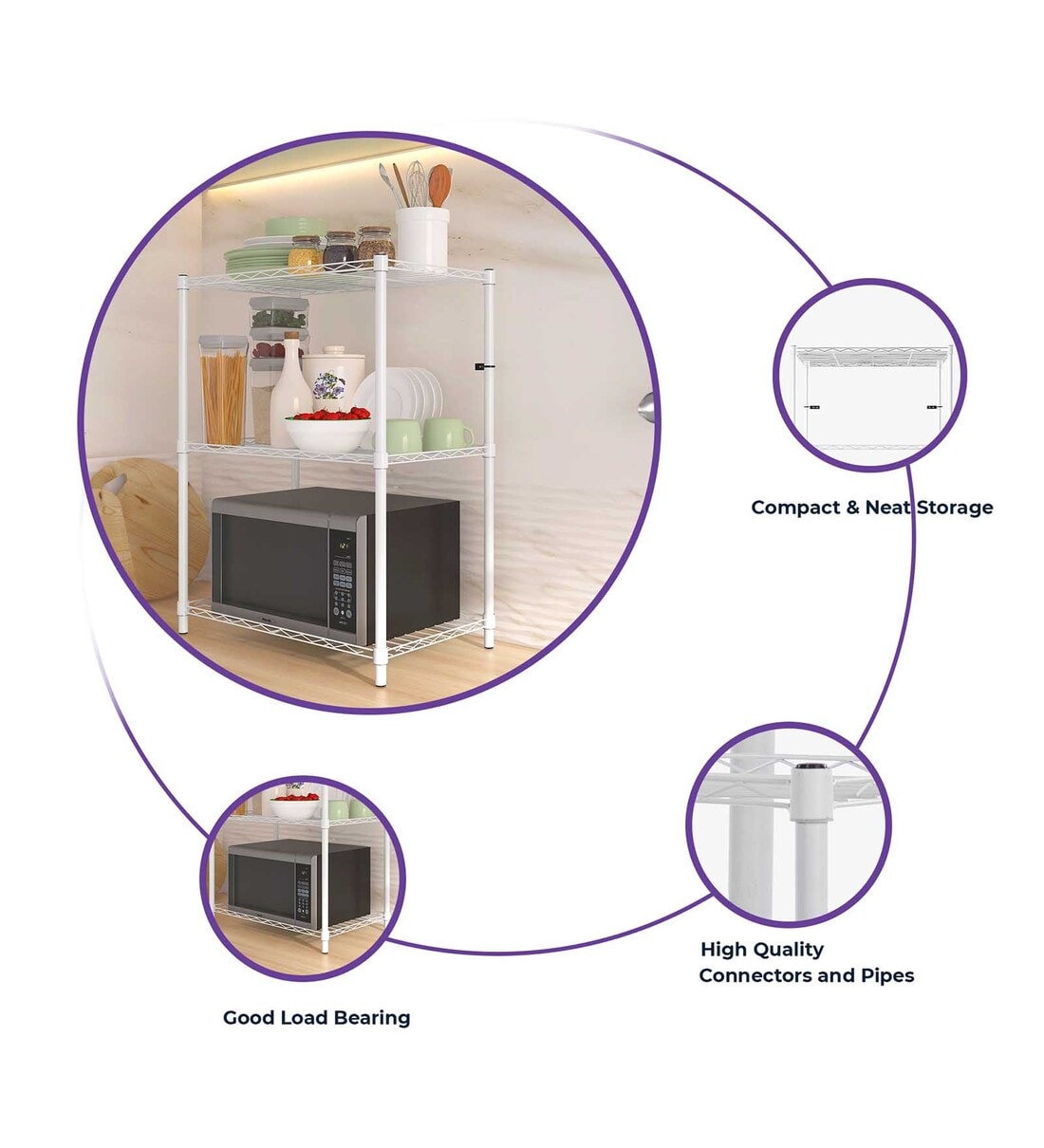 Buy Denham 3 Shelf Metal Kitchen Racks White Colour by Tunehome Online ...