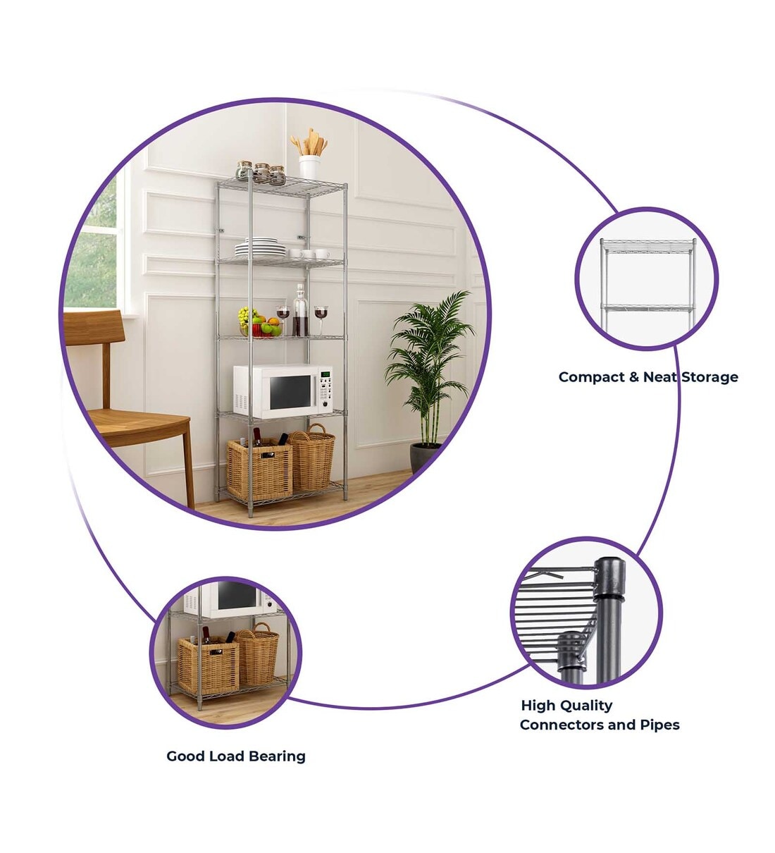 Buy Denham 5 Shelf Metal Kitchen Racks Silver Colour by Tunehome Online ...