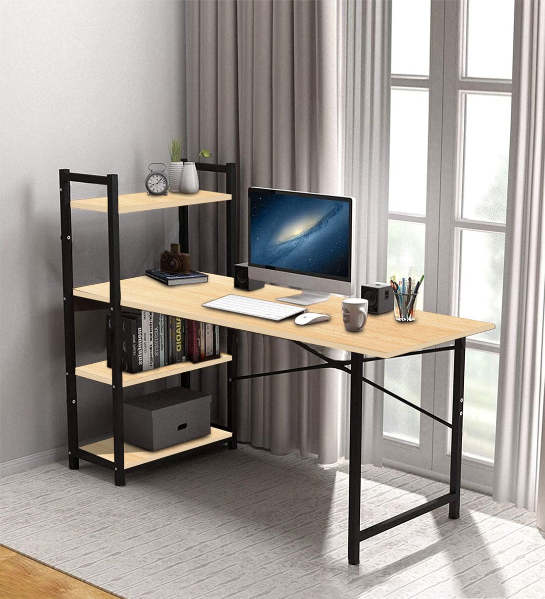 Buy Denver Writing Table with Side Shelves in Oak Brown Finish Online ...