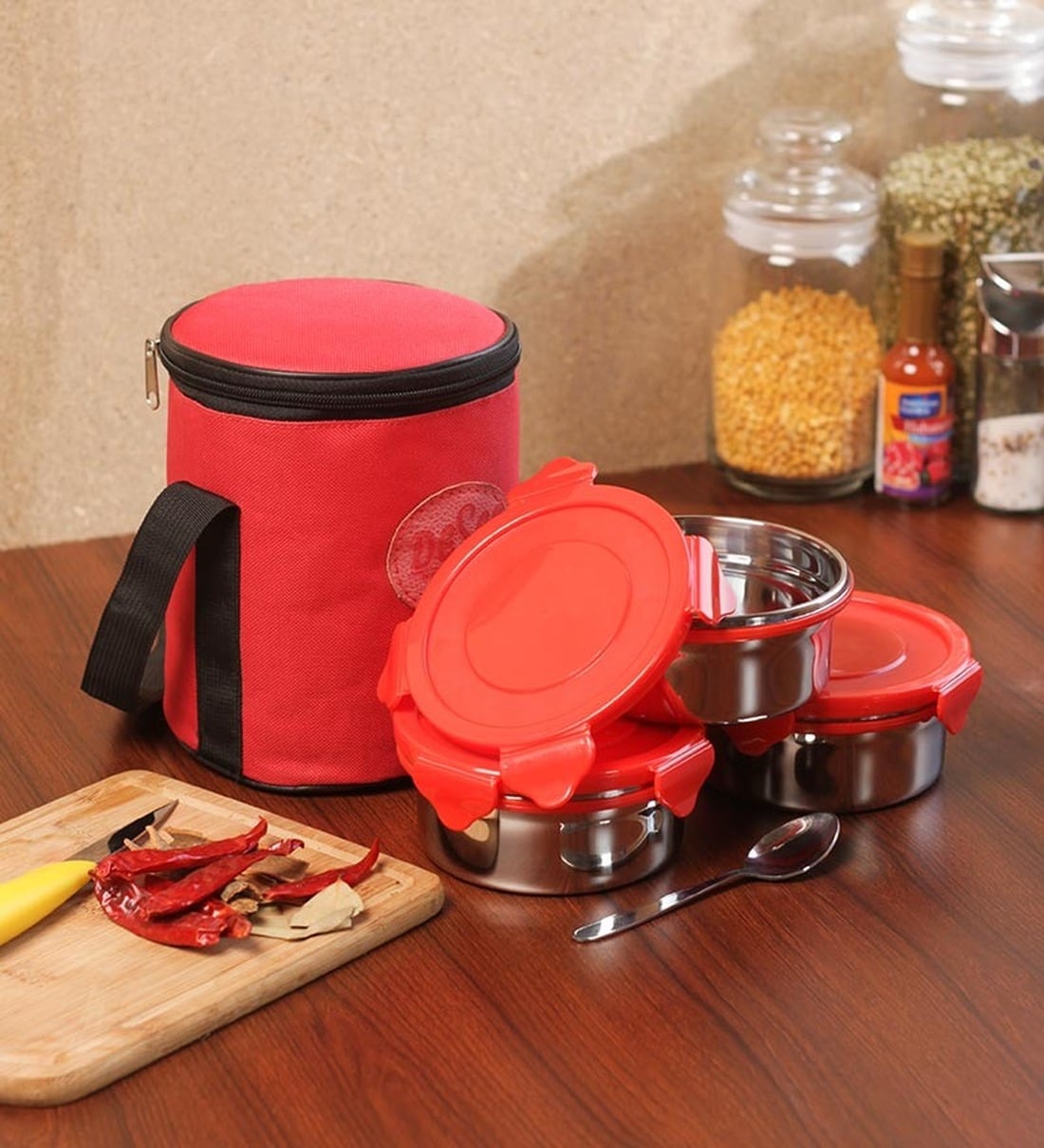 Buy Deseo_Penta Lock 3x Tiffin Set with Spoon, Red Online - Lunch Box ...