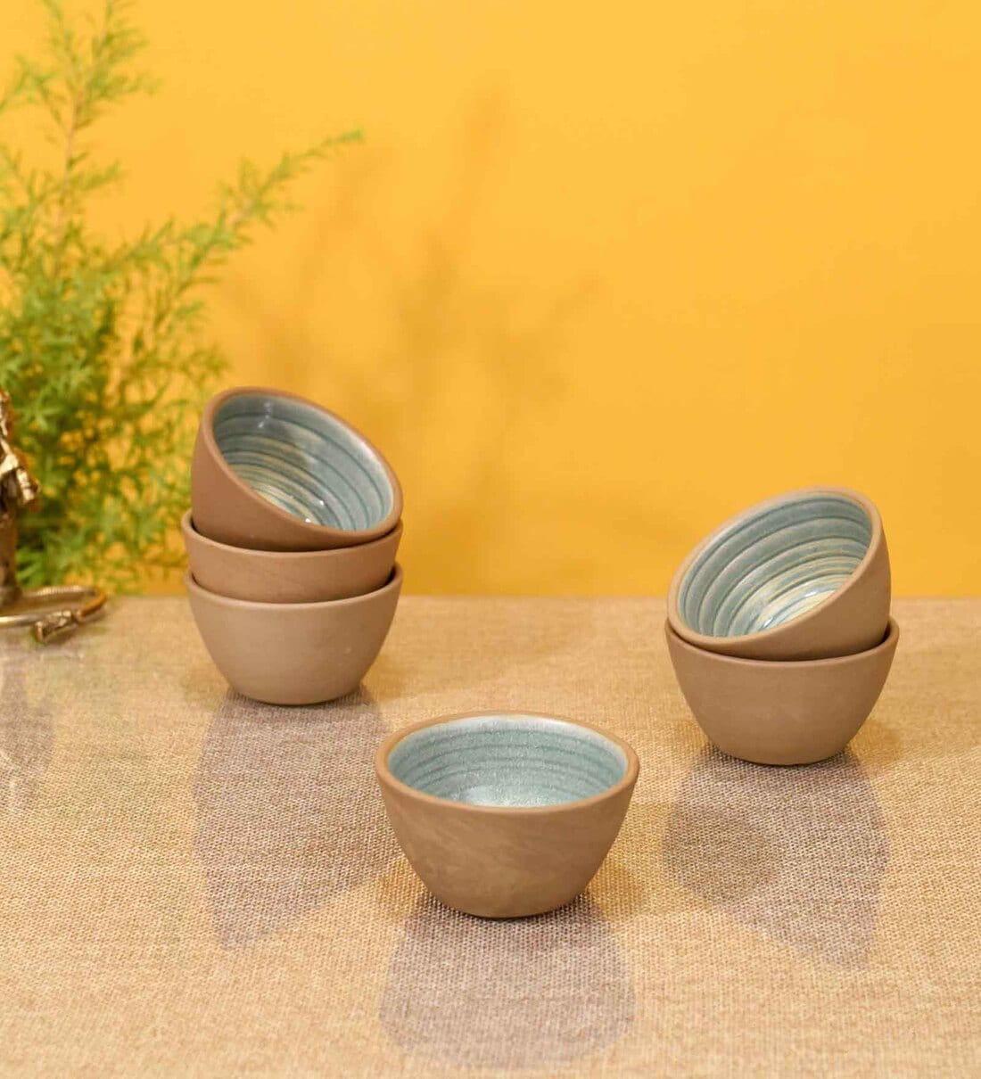 Buy Desert Sand Brown & Sea Green 150 ml Ceramic (Set of 6) Dinner ...