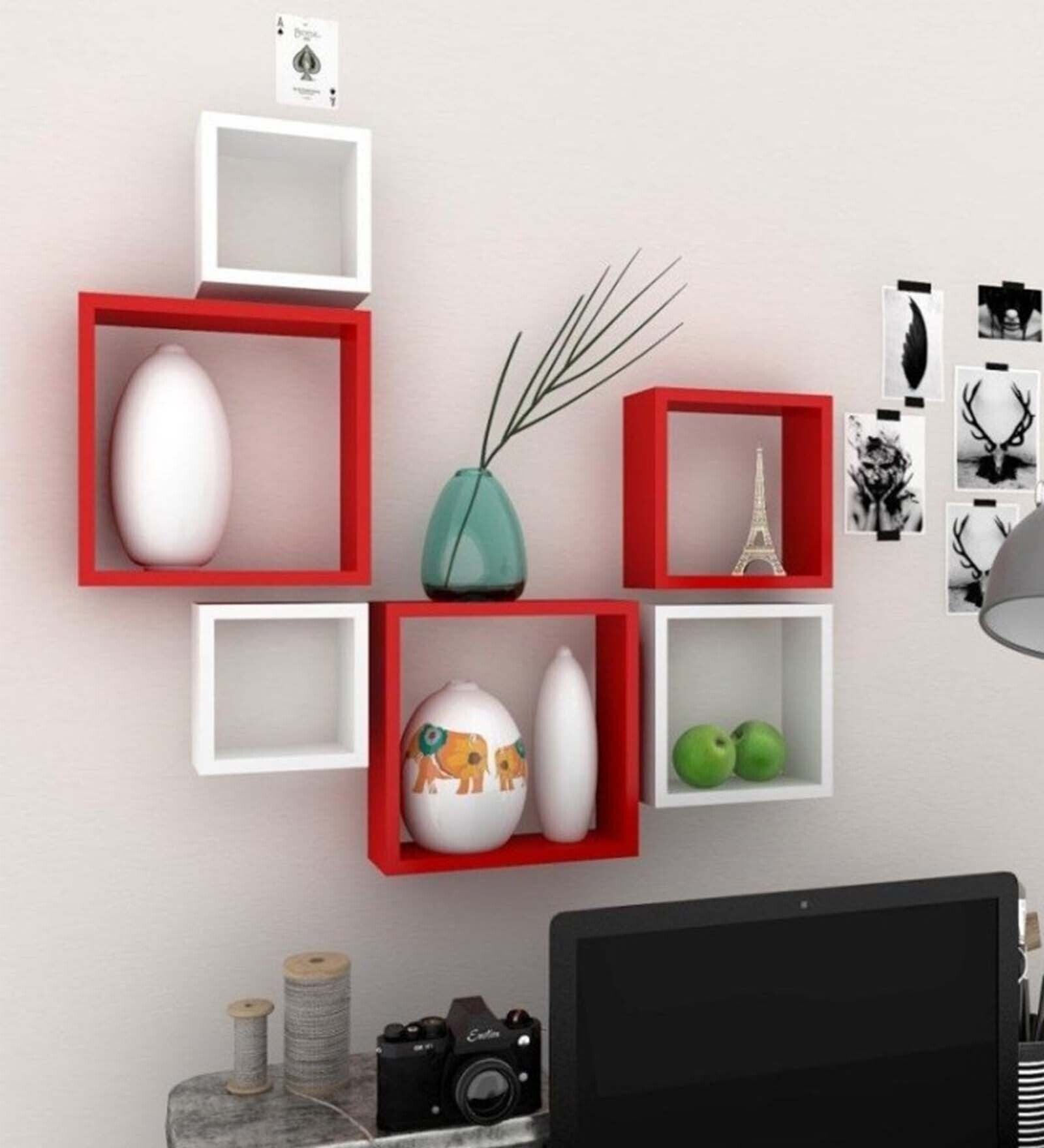 Buy Decorative Cube Set of 6 Red & White Engineered Wood Wall Shelf at ...