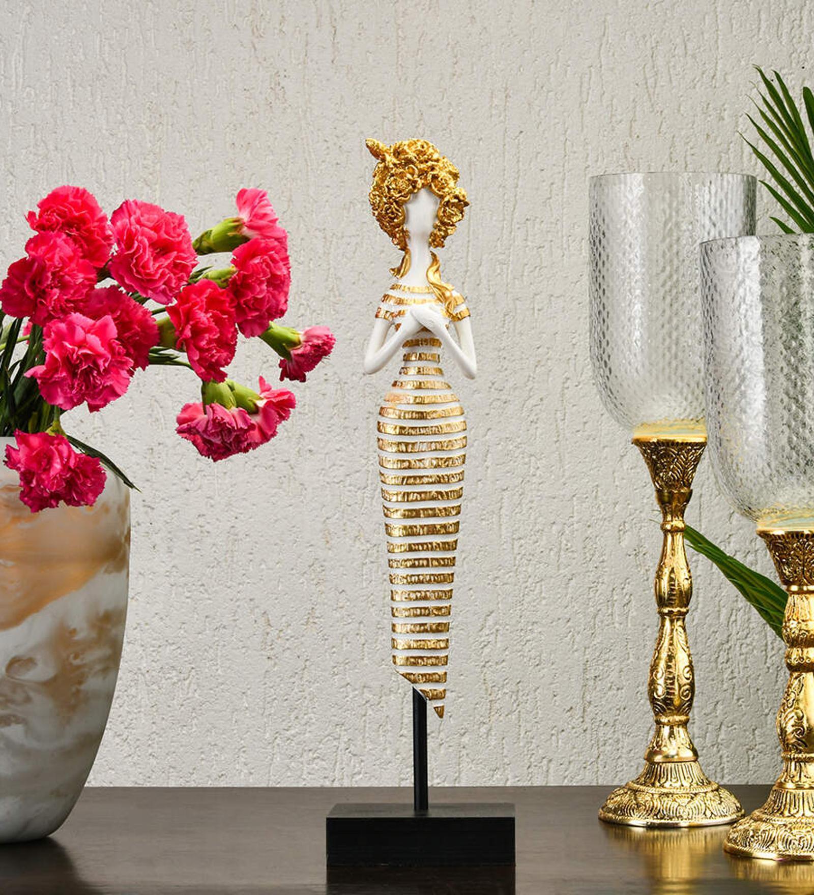 Buy Decorative Lady On Stand White & Gold Polyresin Showpiece at 100% ...