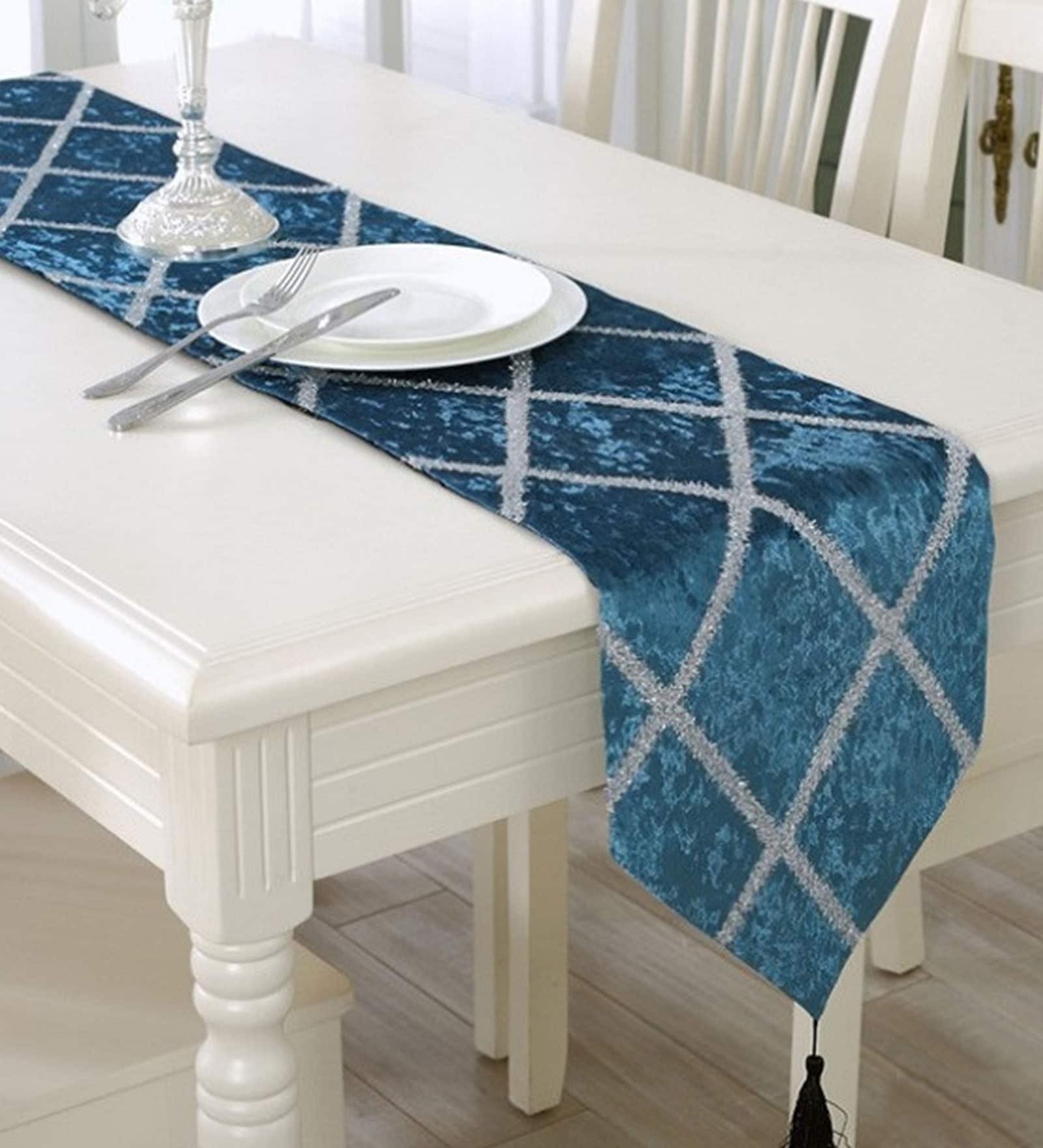 Buy Decorika Pretty Peacock Blue Velvet Table Runner Online - Table ...
