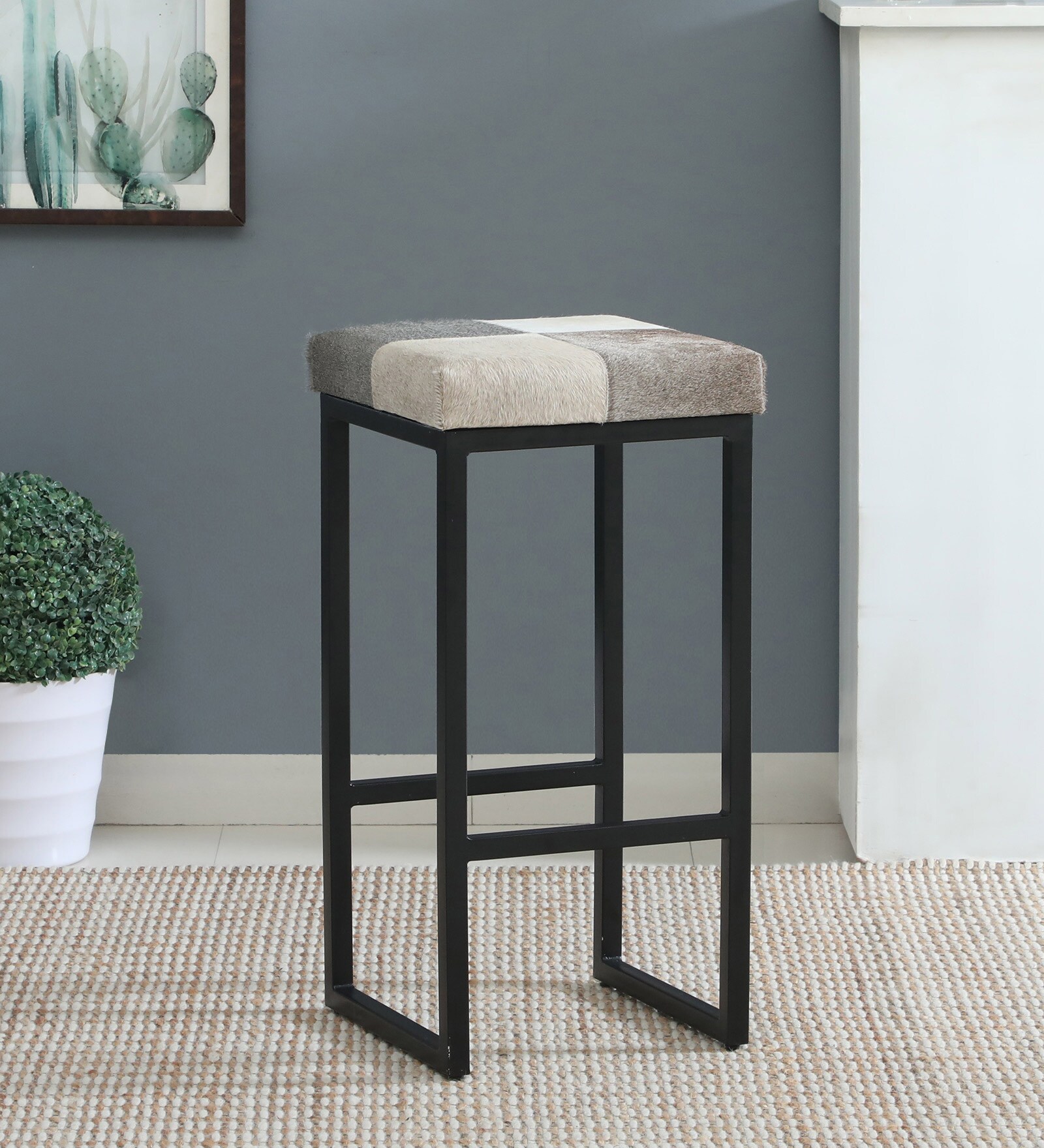 Buy Deltron Metal Bar Stool With Faux Fur In White And Brown Colour at ...