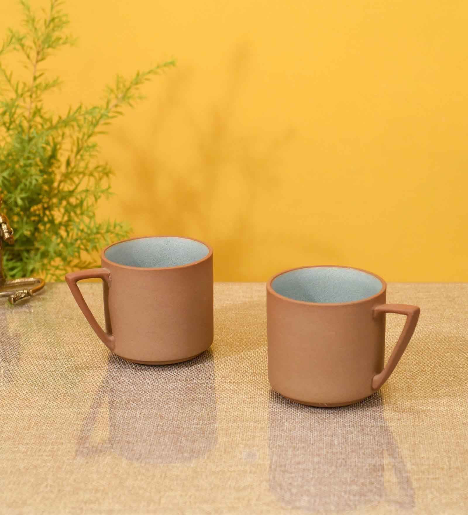 Buy Desert Sand Brown and Sea Green 150 ml Ceramic (Set of 2) Tea Cups ...