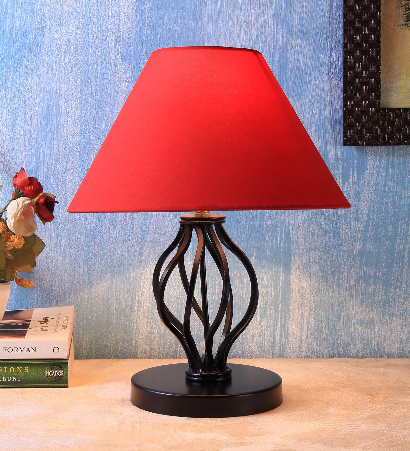Buy Desginer Basket Wrought Iron Red Cotton Shade Table Lamp with Black ...