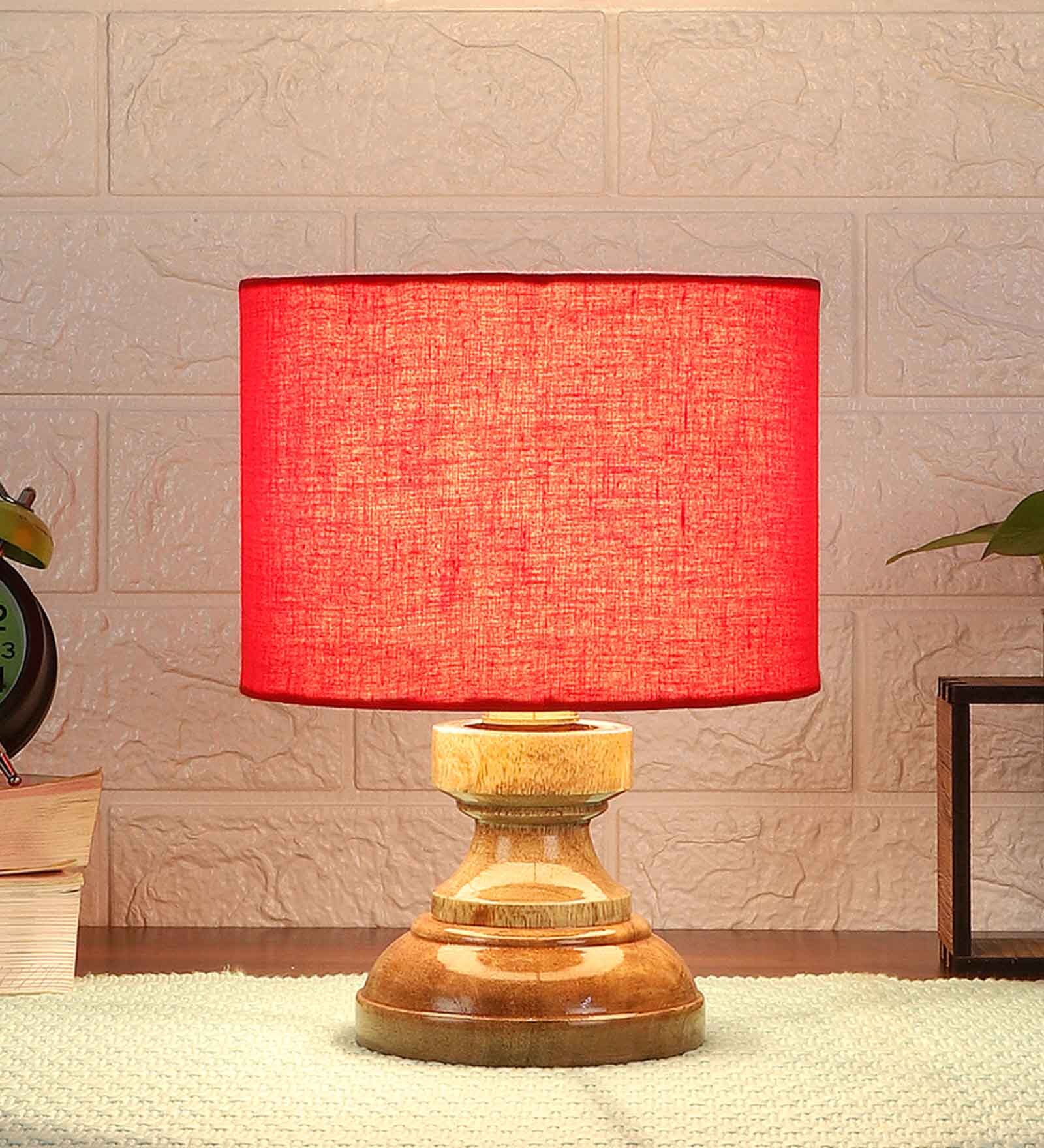 Buy Orlando Red Cotton Fabric Shade Night Lamp With Wood Base By New ...