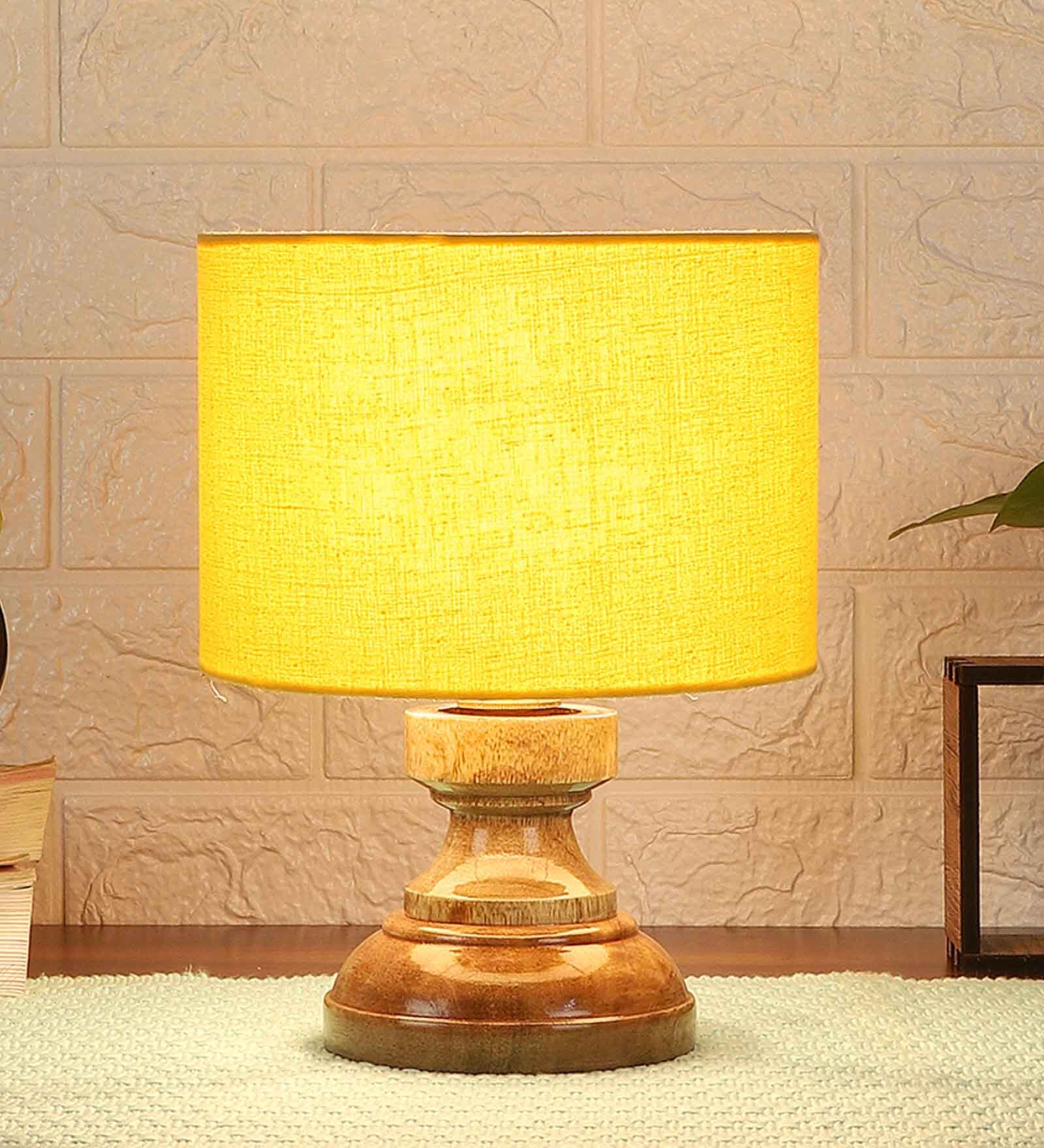 Buy Devansh Yellow Cotton Table Lamp With Wood Natural Base by New Era ...