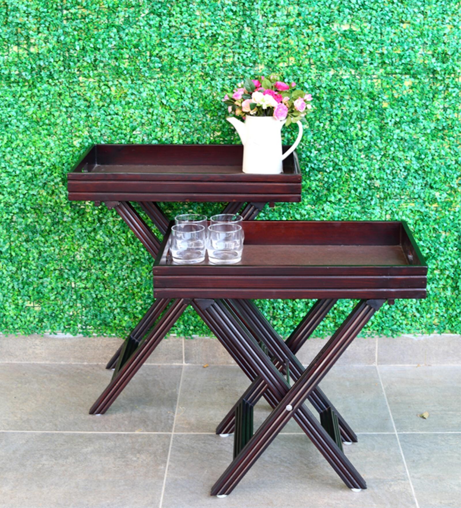 Buy Deziworkz Brown Wooden Small Butler Tray Table Set Online - Serving ...