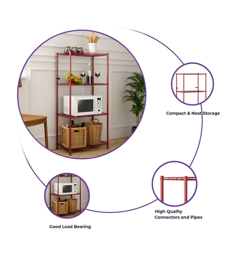 Buy Denham 4 Shelf Metal Kitchen Racks Red Colour by Tunehome Online ...
