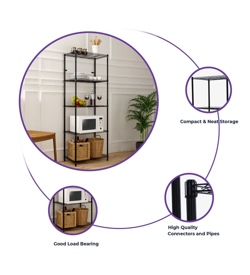 Buy Denham 5 Shelf Metal Kitchen Racks Black Colour by Tunehome Online ...