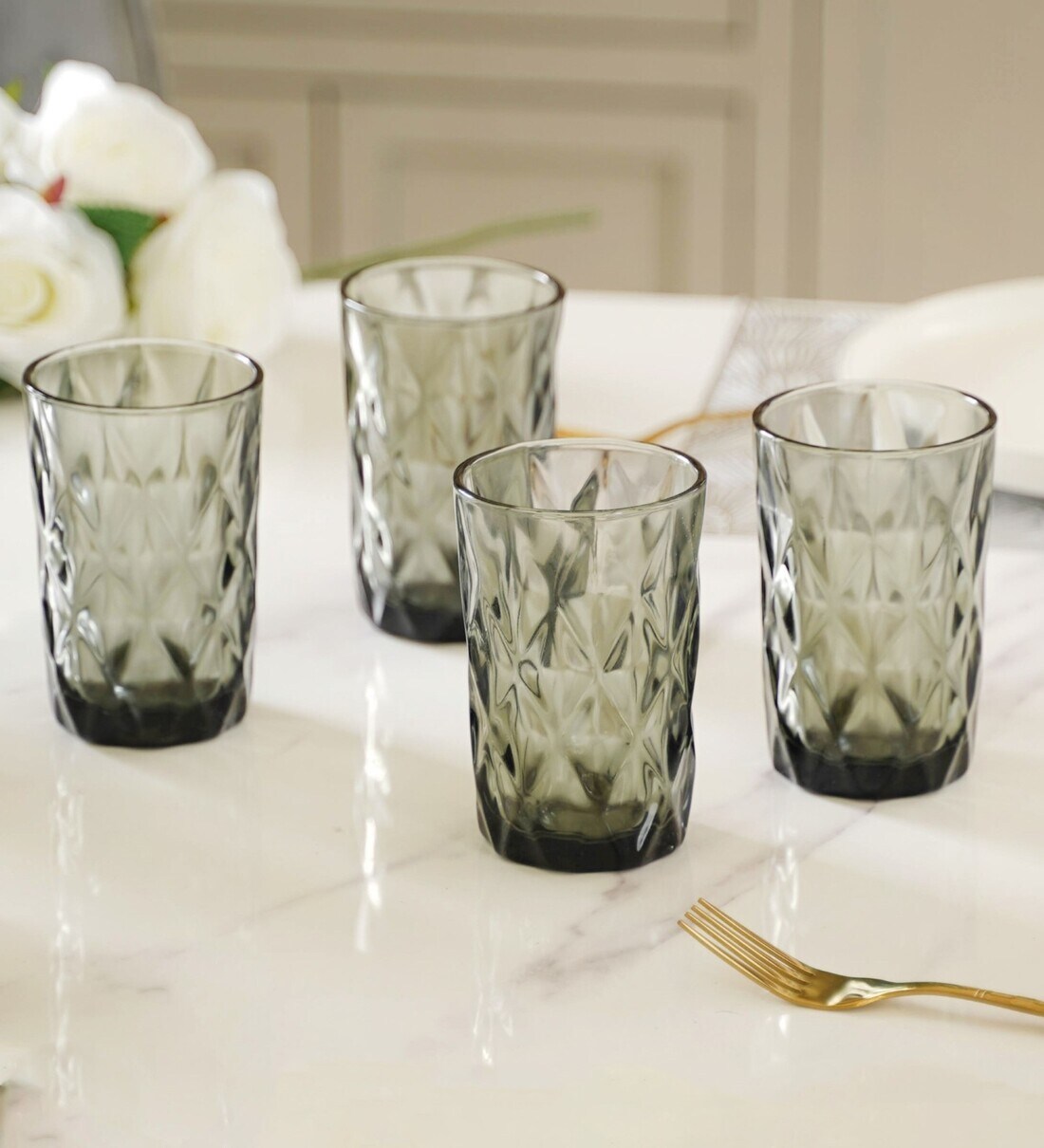 Buy Diamond Round Textured 350ml Grey Crystal Glass (Set of 4) Everyday Glass at 19% OFF by ...
