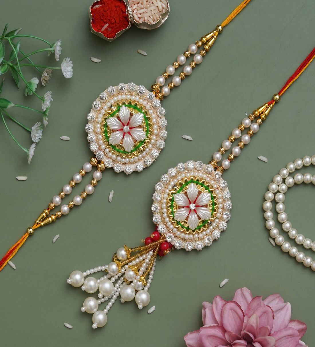 Buy Diamonds, Pearls Floral Designer Bhaiya Bhabhi Rakhi Set with Roli ...
