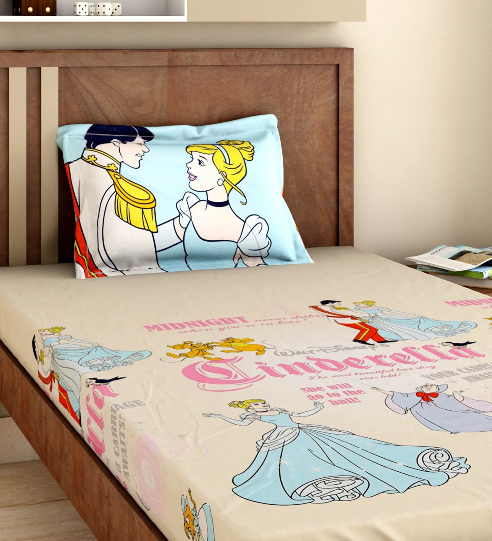 Buy Disney Cinderella 300 TC 100% Cotton Kids Single Bedsheet with ...