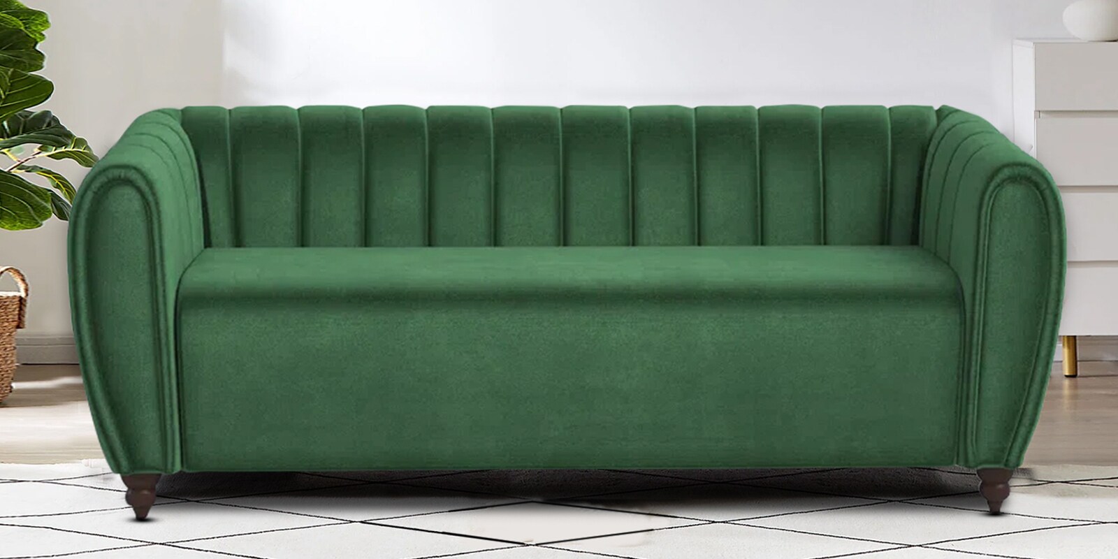 Buy Diya Velvet 3 Seater Sofa In Green Colour at 30% OFF by Perfect Woodwork | Pepperfry