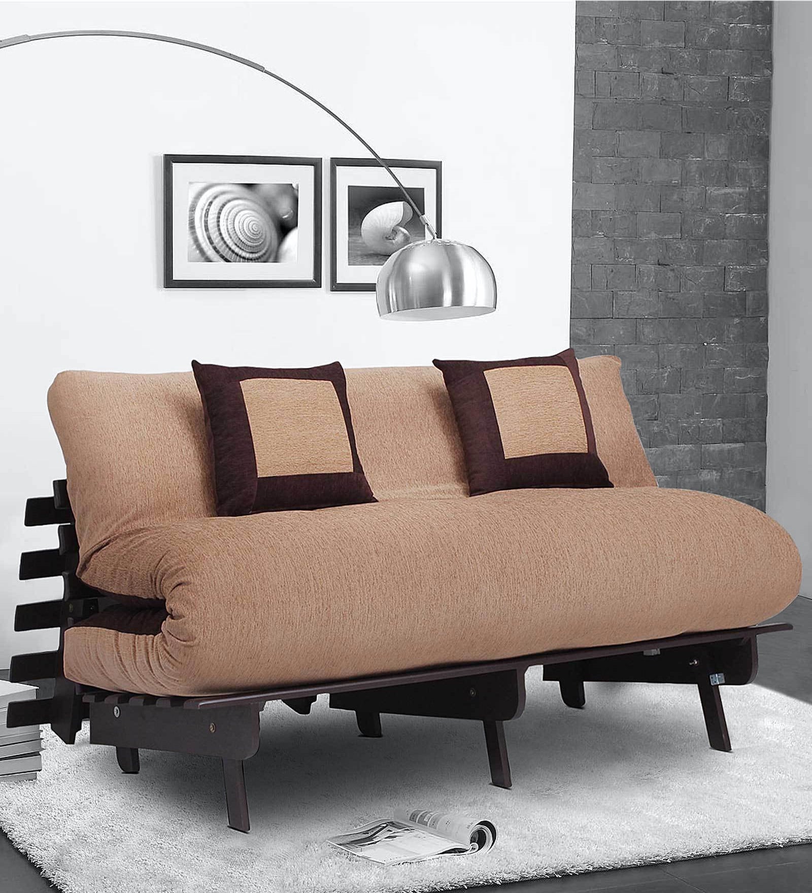 Buy Double Futon with Mattress & 2 Cushions in Light & Dark Brown ...