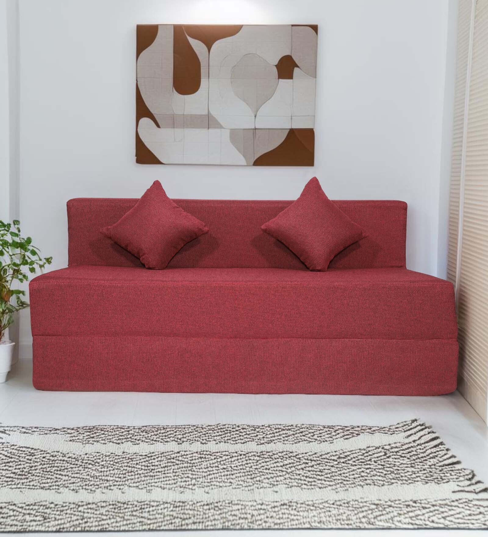 Buy Doze Jute Fabric 3 Seater Sofa Cum Bed with 2 Cushions in Maroon Colour at 33% OFF by ...
