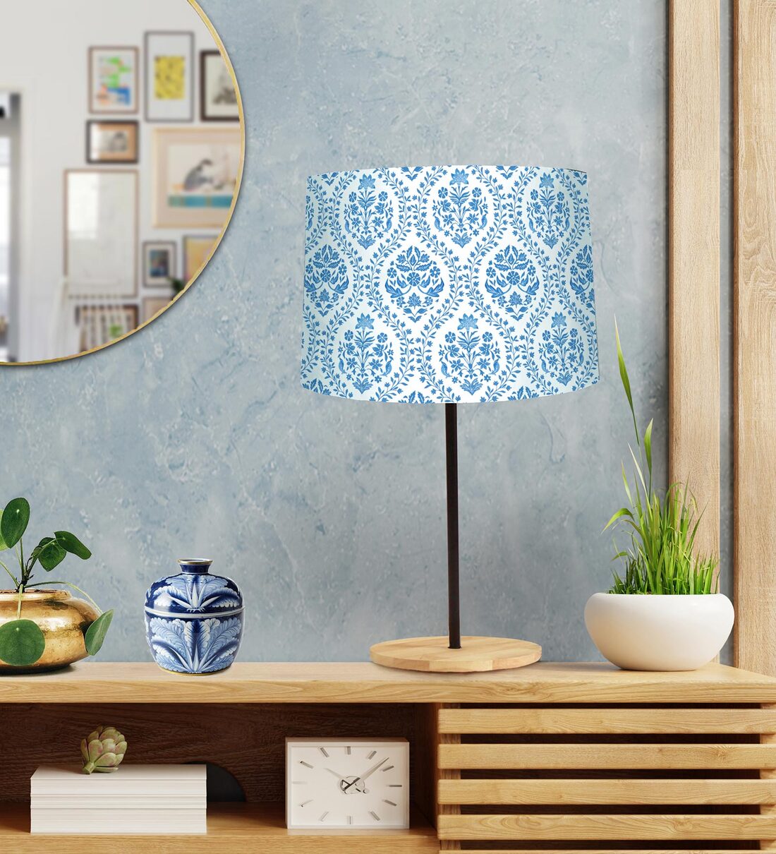 Buy Drum White Polyester Shade Table Lamp with Wood Base by Rangreli at ...
