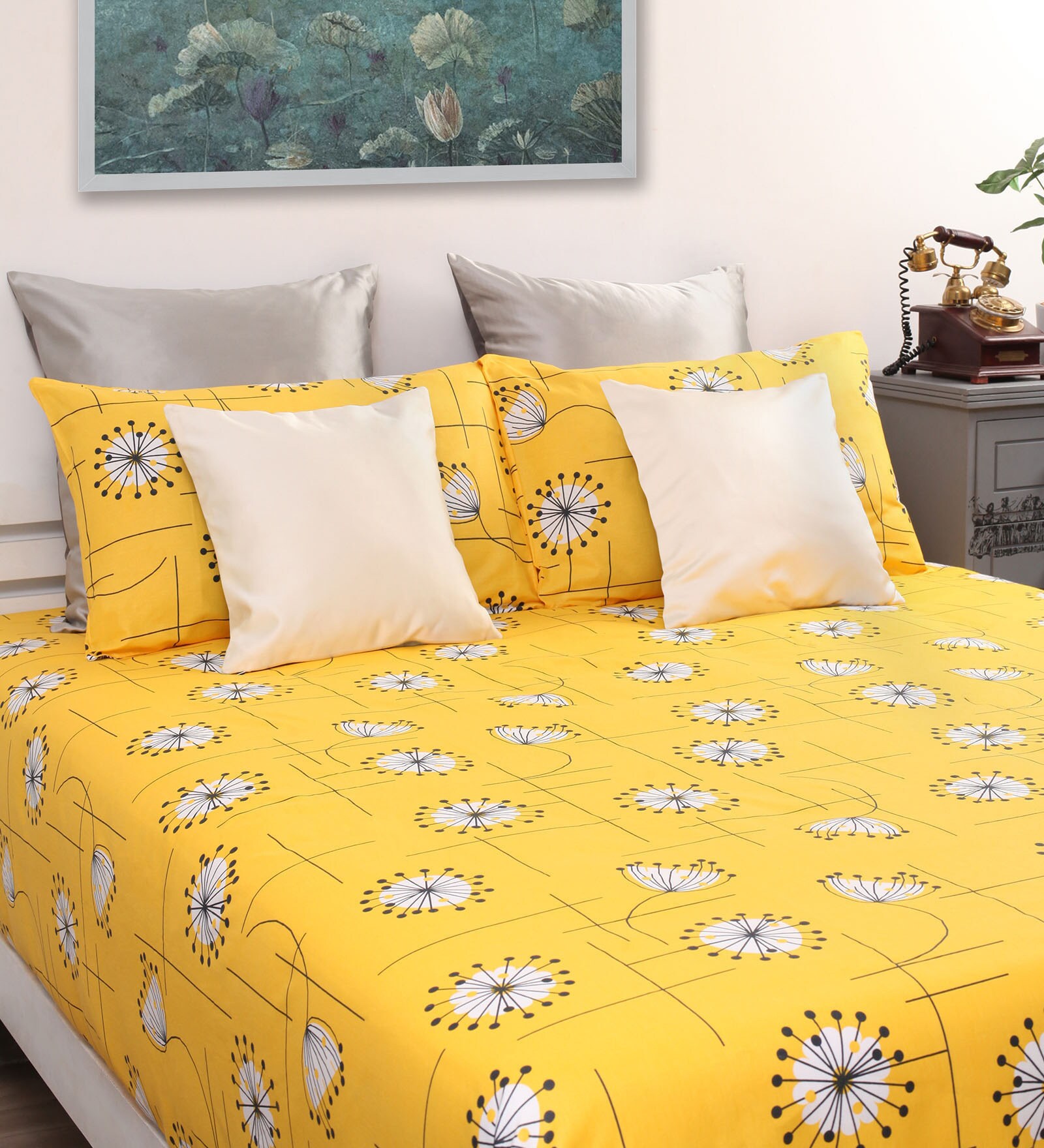 Buy Yellow Cotton Floral Double Bed Sheet (with 2 Pillow Covers) - Set ...