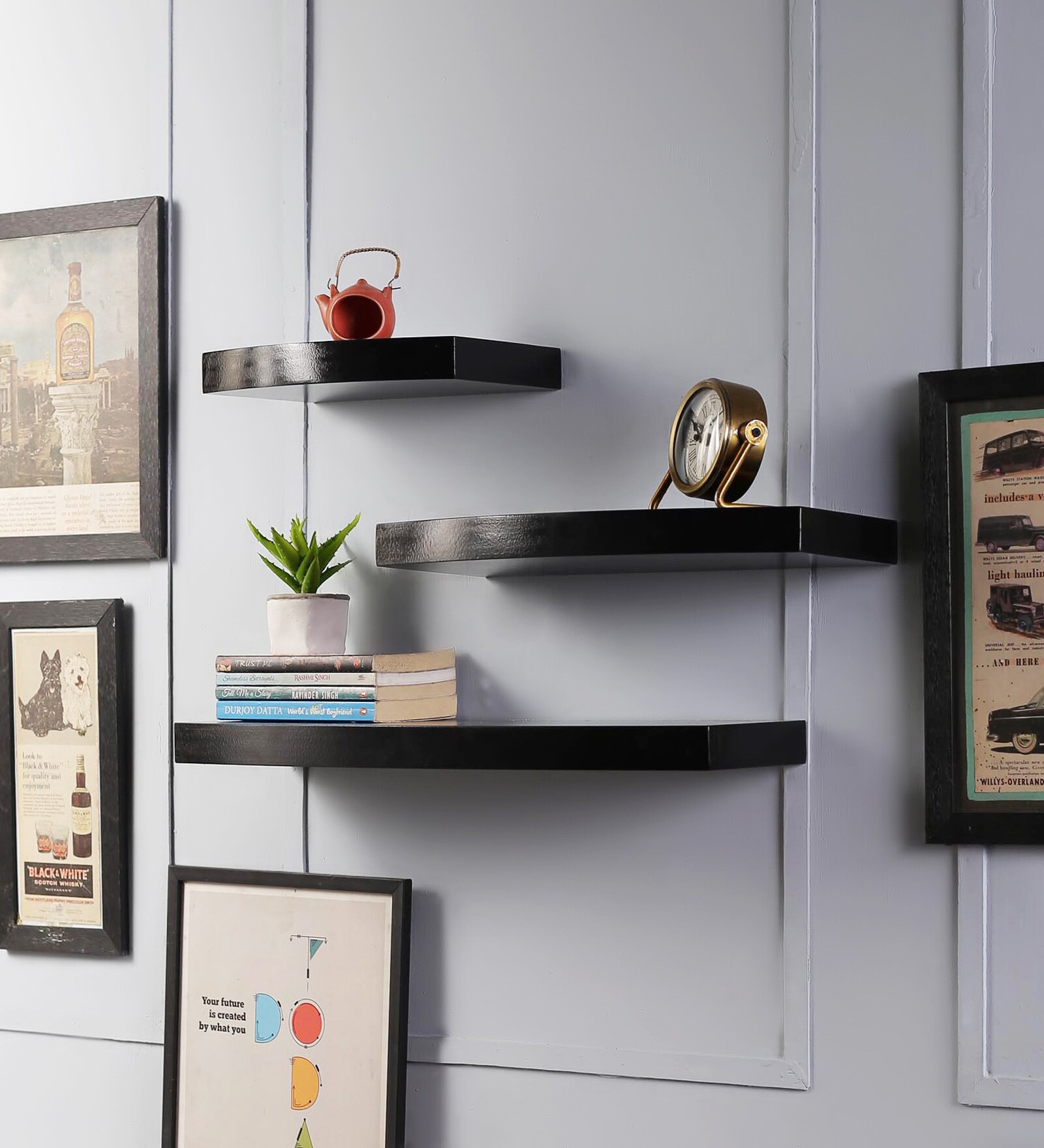 Buy Set Of 3 Engineered Wood Round Floating Wall Shelf In Black Colour ...