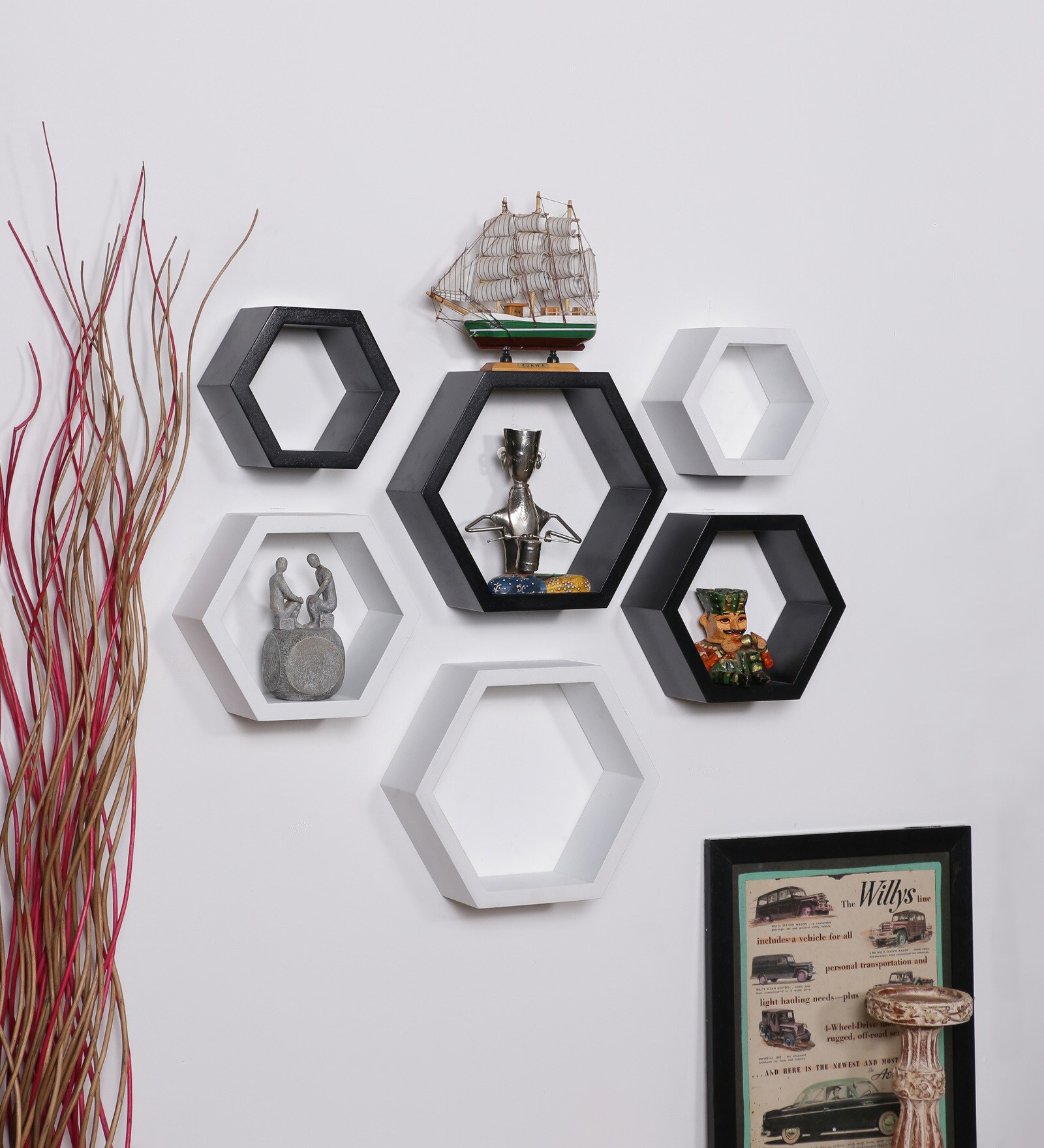 Buy Driftingwood Black & White MDF Hexagon Shape Wall Shelf - Set of 6 ...