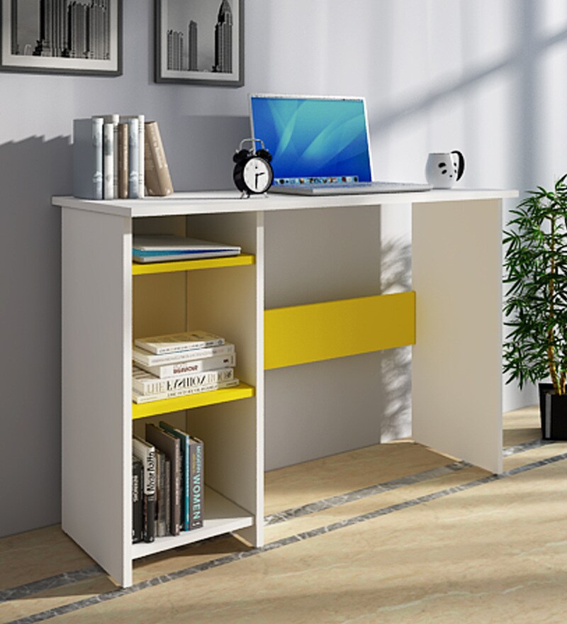 Buy Duke Writing Table in Frosty White And Yellow Finish by Woodbuzz ...
