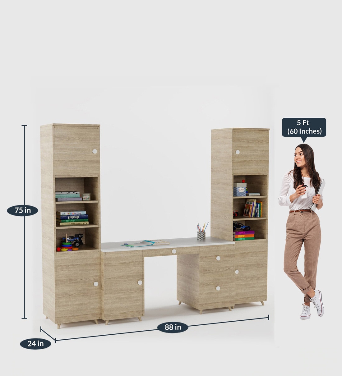 Buy Dynamo Study Table with Shelves & Drawers in Oak Colour by Boingg ...