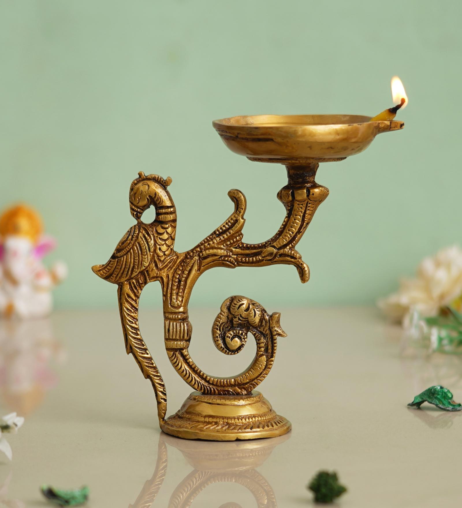 Buy Golden Beautifully Handcrafted Peacock Design Brass Diya Deepak at ...