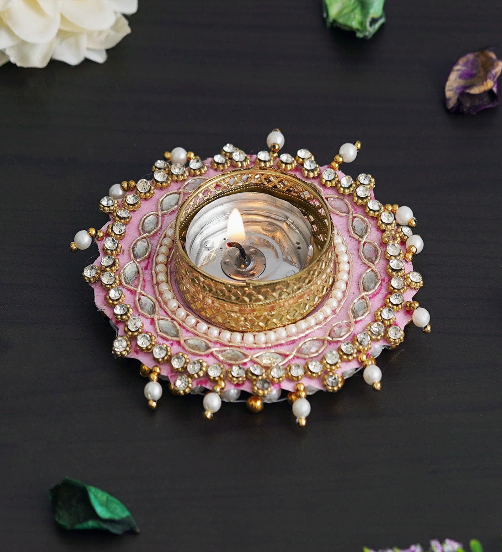 Buy Pink Bead and Pearl Handcrafted Beautiful Designer Tea Light Candle ...