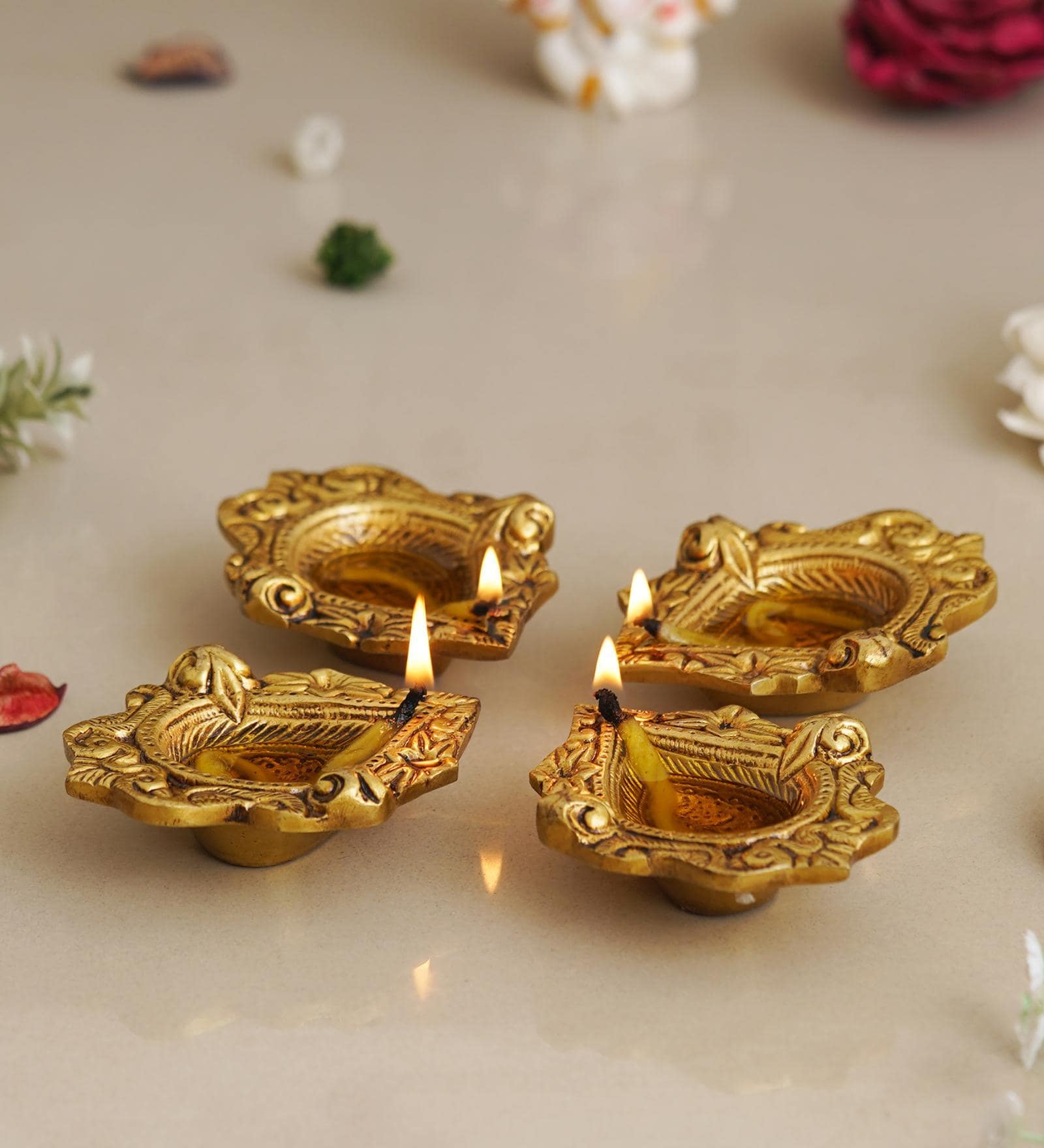 Buy Golden Handcrafted Traditional (Set of 4) Decorative Brass Diyas at ...
