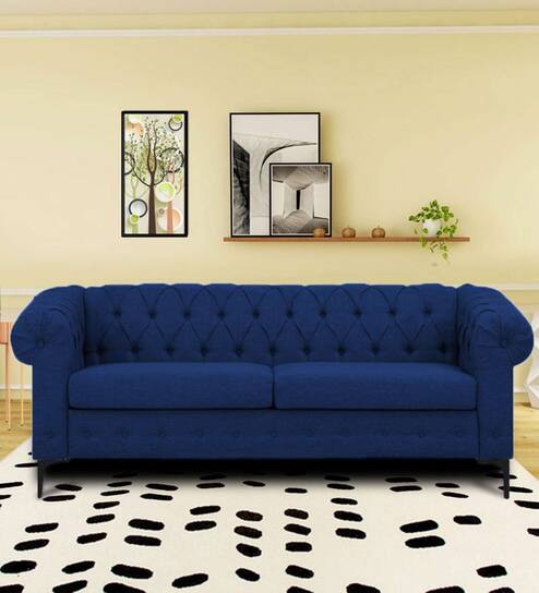 Buy Ecru Fabric 3 Seater Sofa in Navy Blue Colour Online - Chesterfield ...