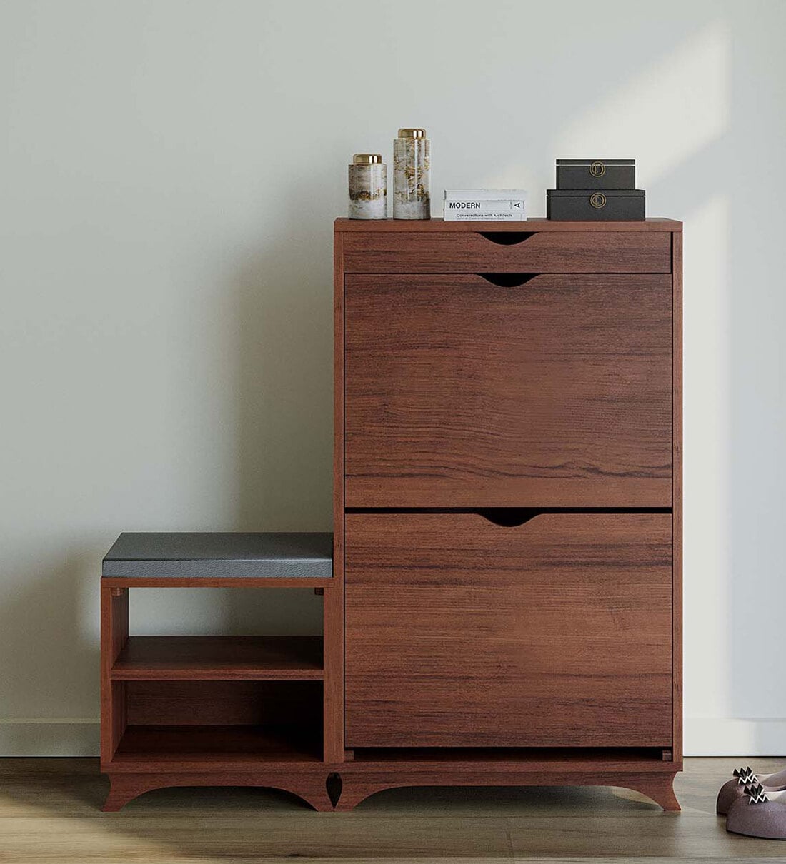 Buy Elderberry Tilt Out Shoe Rack In Walnut Colour With Seating at 22% ...